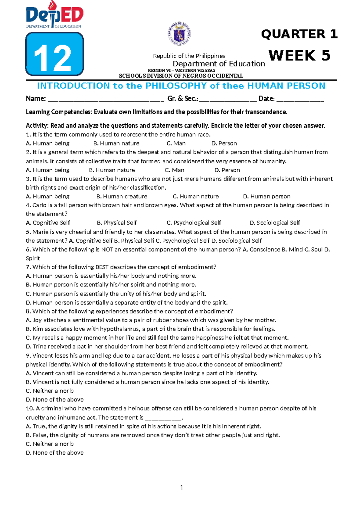 ELK PHILOS Q1W5: Introduction to the Philosophy of the Human Person ...