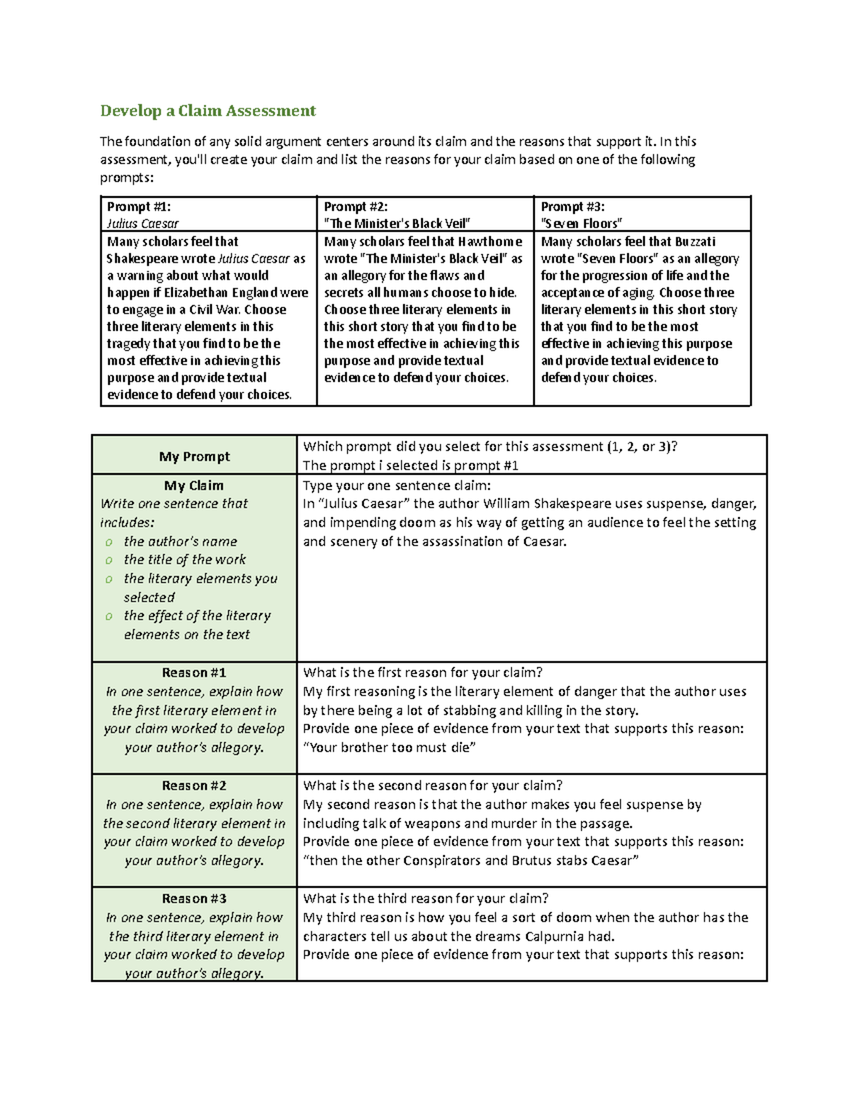 Claim Assessment for Shakespeare's Julius Caesar: Literary Elements ...