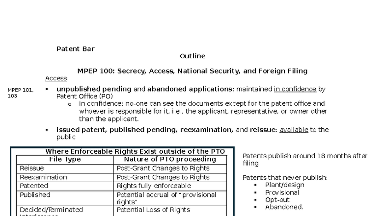 Patent Bar Outline: MPEP 100-104 Overview on Access and Rights - Studocu
