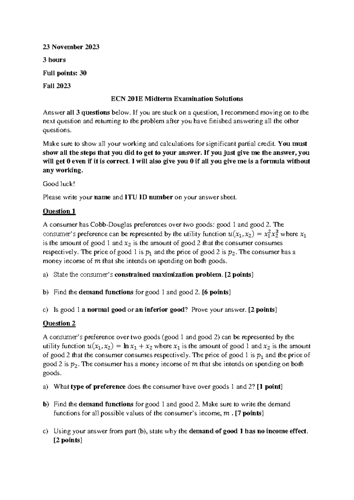 Midterm Exam Solutions Fall 2023 - 23 November 2023 3 hours Full points ...