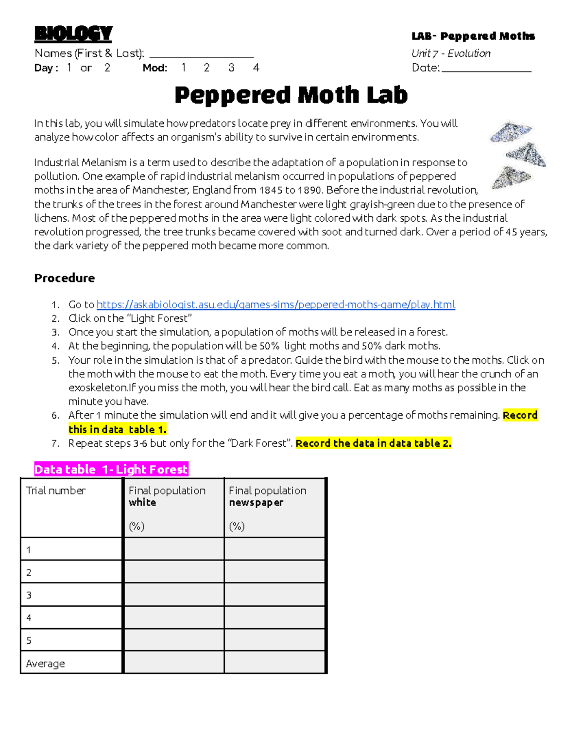 Brown Peppered Moth Virtual Lab (BIO Unit 7) - Studocu