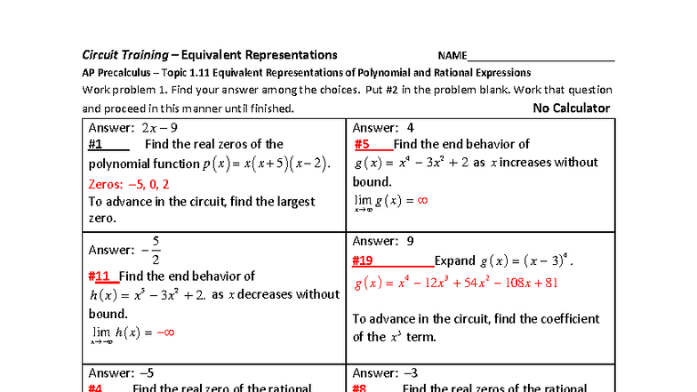 Circuit Training: Equivalent Representations AP Precalculus Topic 1.11 ...