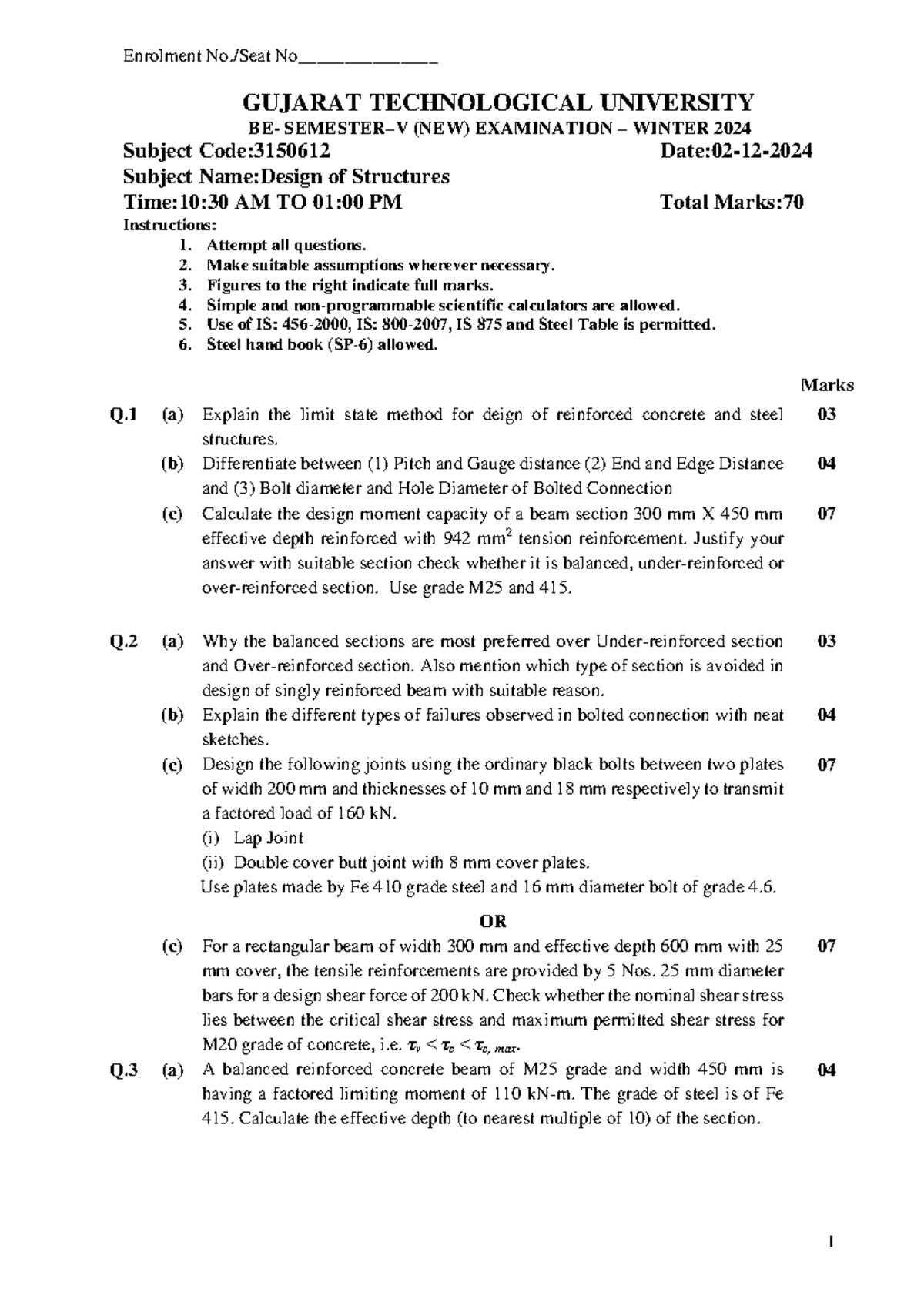 DS - W2024 [3150612] Design of Structures Winter 2024 Exam Guide - Studocu