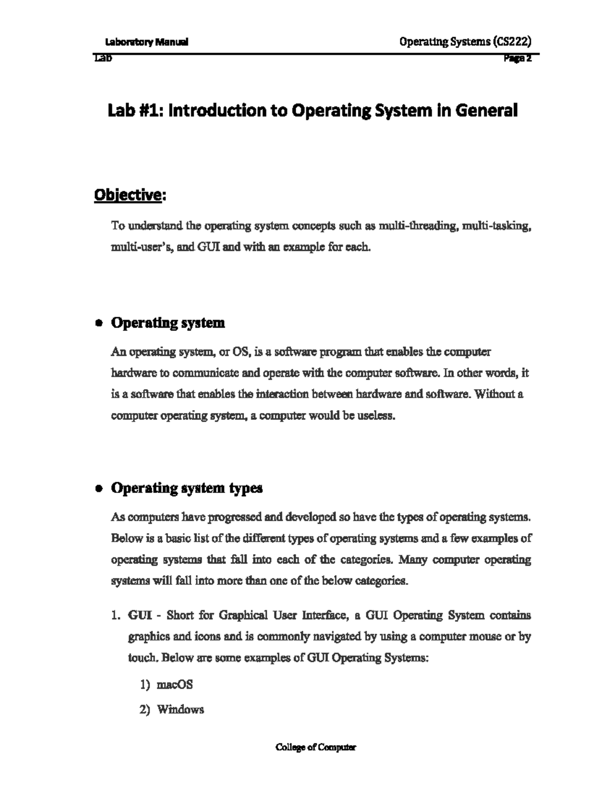 Lab 1 OS - First Lab of Operating Systems - Laboratory Manual Operating ...
