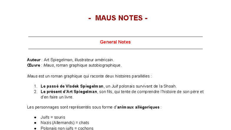 MAUS NOTES (MAUS) : Analyse des Thèmes et Techniques de Spiegelman ...