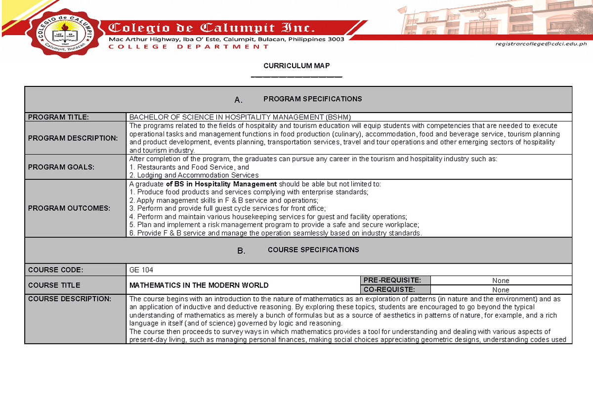 Syllabus GE 104: Mathematics in the Modern World Curriculum Overview - Studocu
