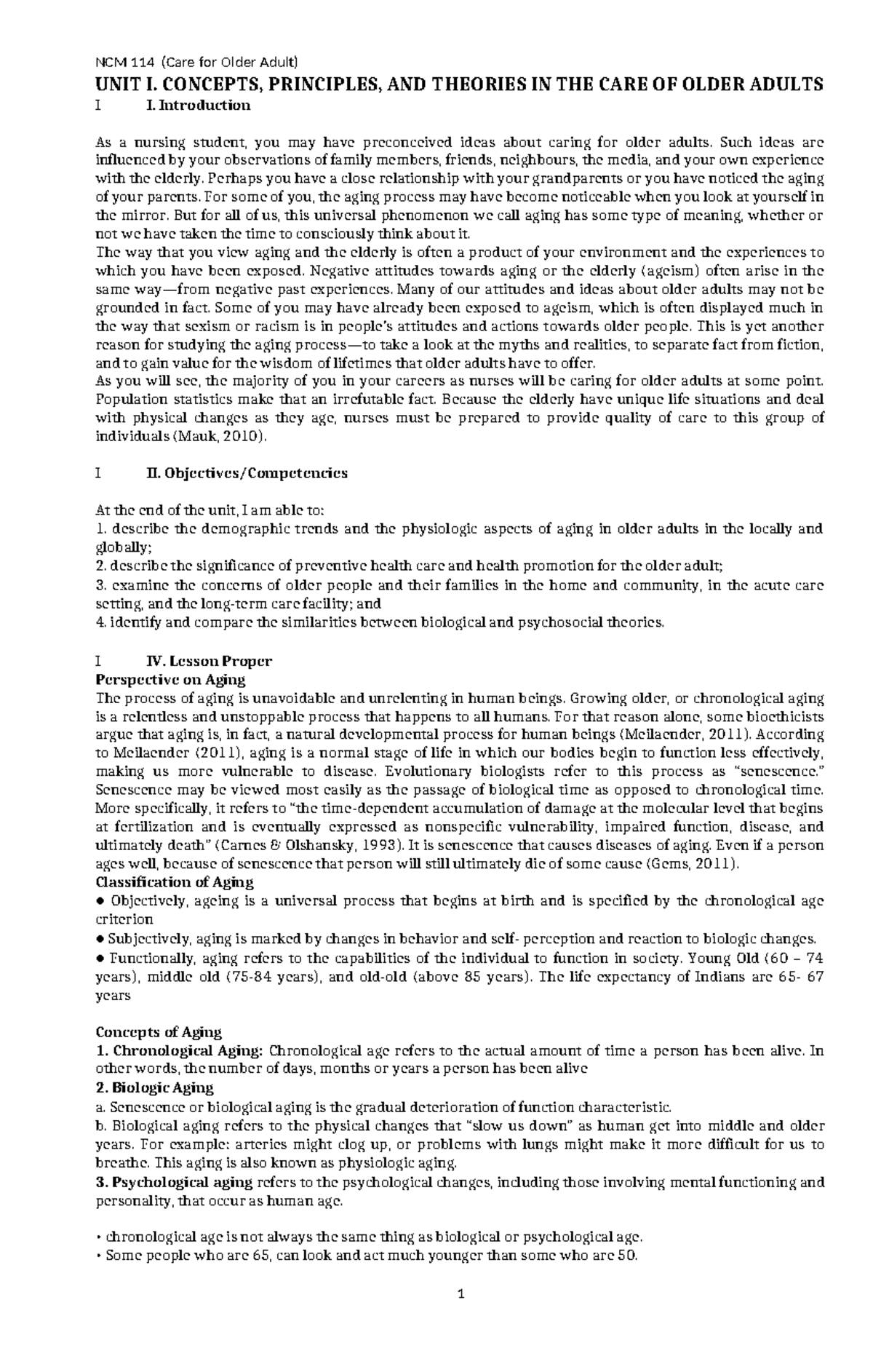 Midterm Study Notes for NCM 114: Care of Older Adults Concepts - Studocu