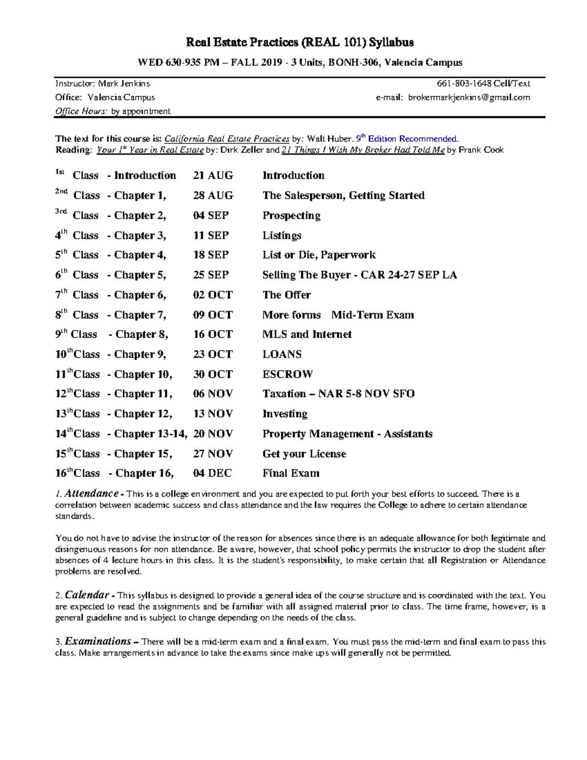 REAL 101 Syllabus: Fall 2019 - Instructor Mark Jenkins - Studocu