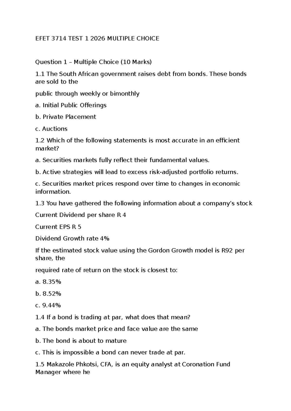 EFET 3714 TEST 1 2026 Multiple Choice Questions and Answers - Studocu