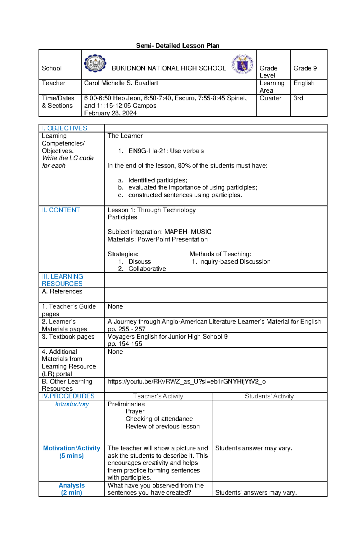 LP- Participles Lesson Plan for Grade 9 English - BUKIDNON NATIONAL ...