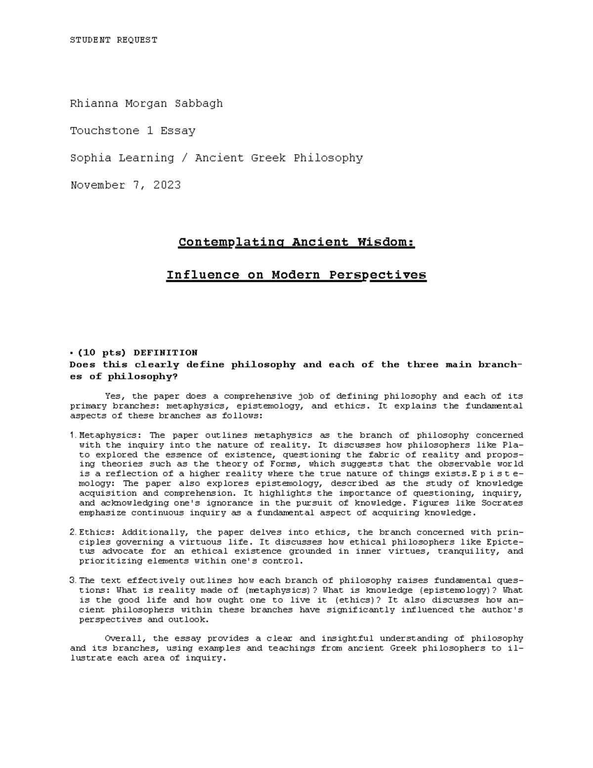 ATH 101 Touchstone 1: Philosophical Reflection on Ancient Wisdom - Studocu