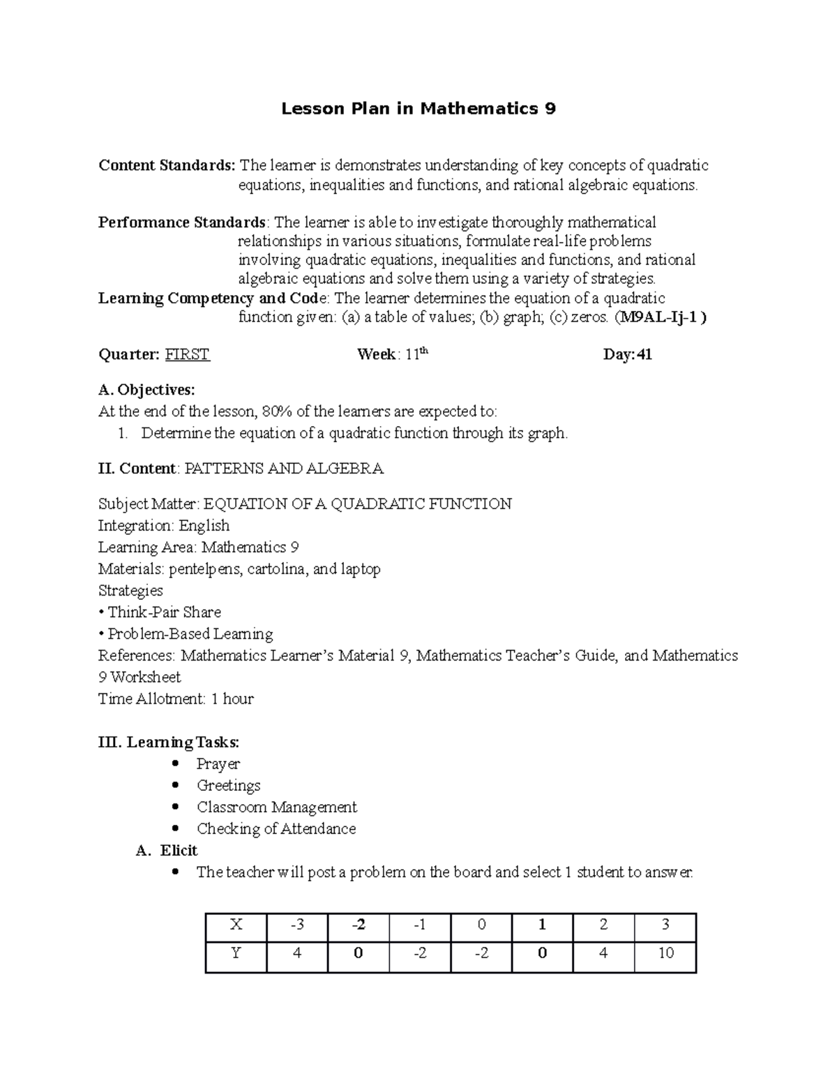 Mathematics 9 Lesson: Equation of a Quadratic Function from Graph - Studocu