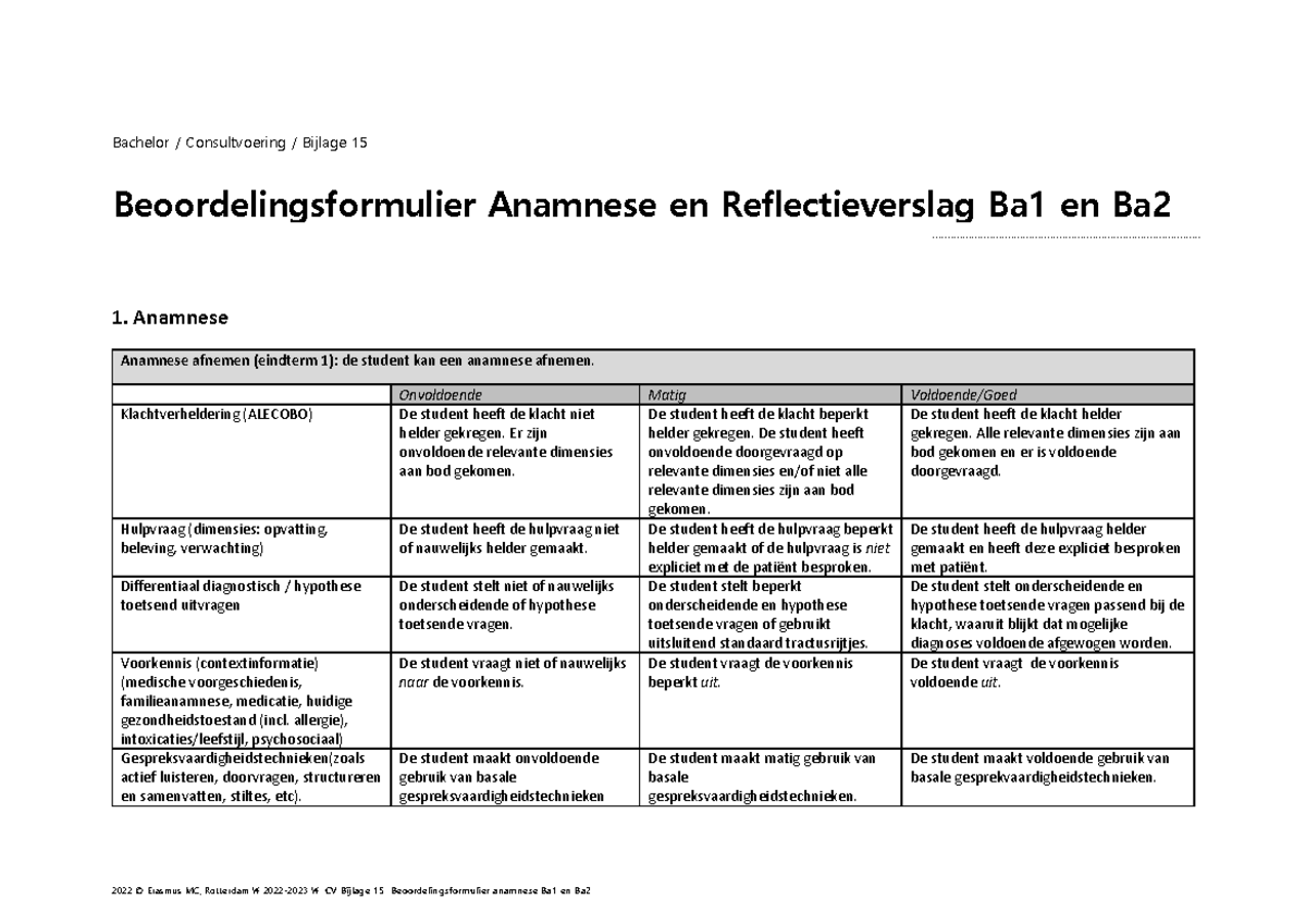 Bijlage 15 Beoordelingsformulier Anamnese Ba1 & Ba2 2022-2023 - Studeersnel