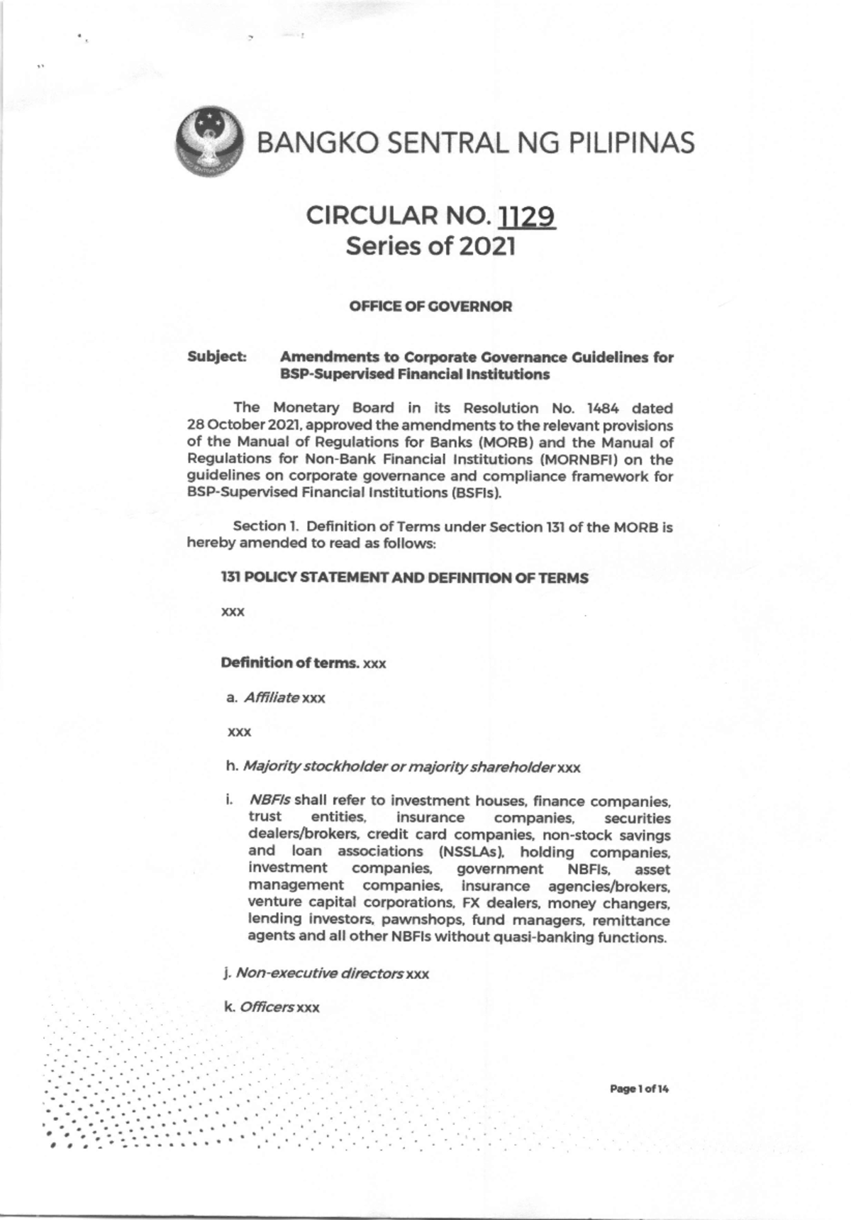 Amendments in BSP Circular 1129: Corporate Governance Guidelines - Studocu