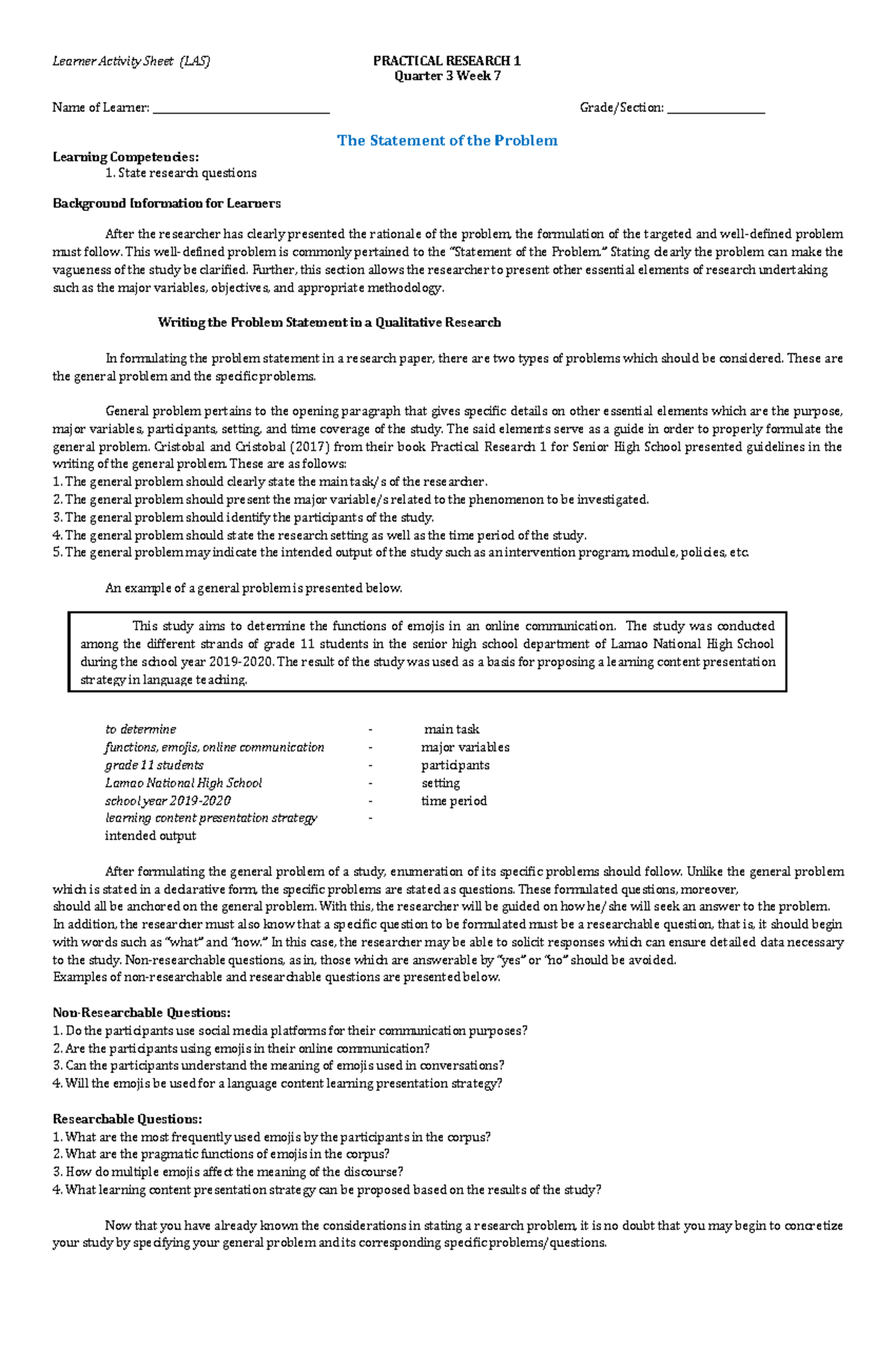 LAS: Practical Research 1 - Q3 Week 7 Learner Activity Sheet - Studocu