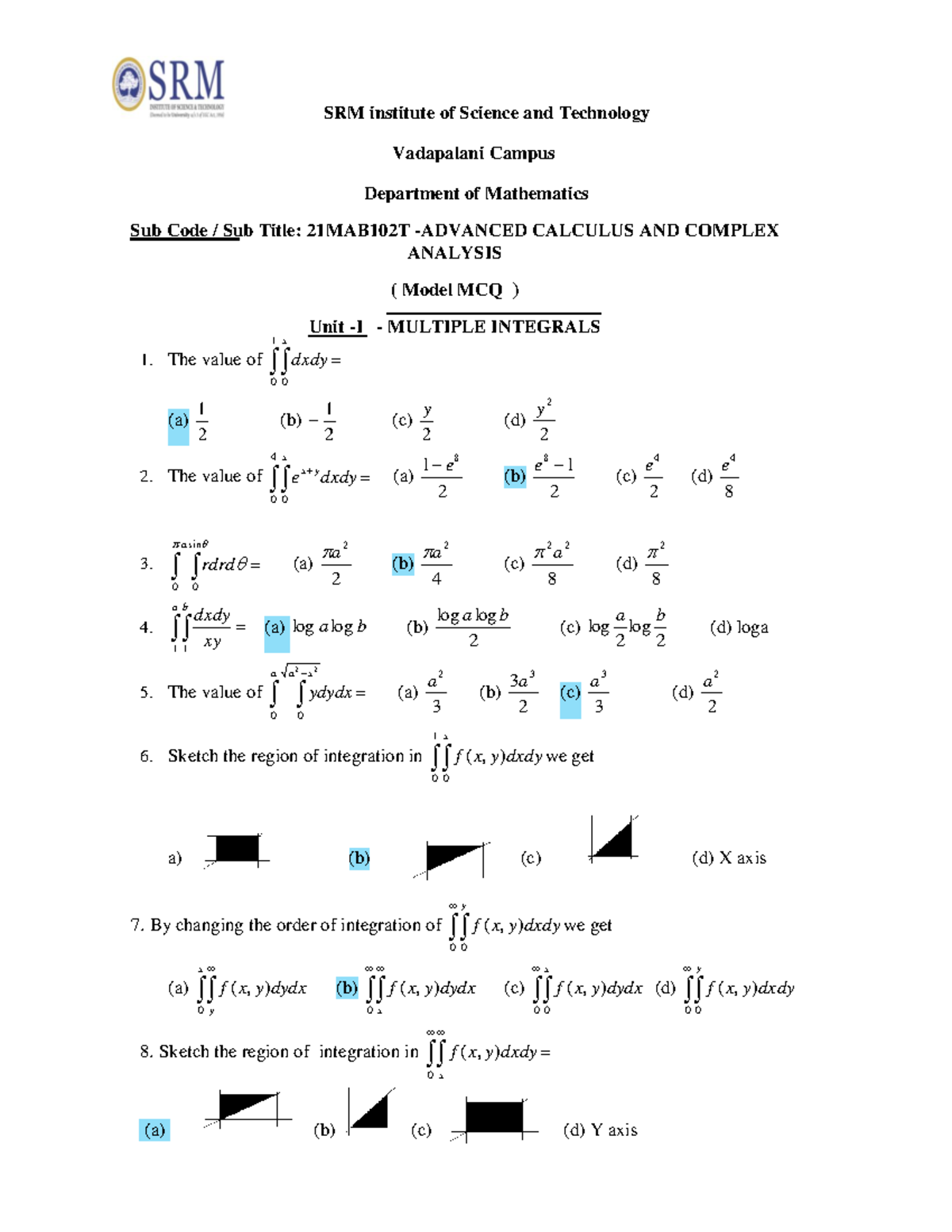 MATH-21MAB102T - Advanced Calculus & Complex Analysis MCQs - Studocu