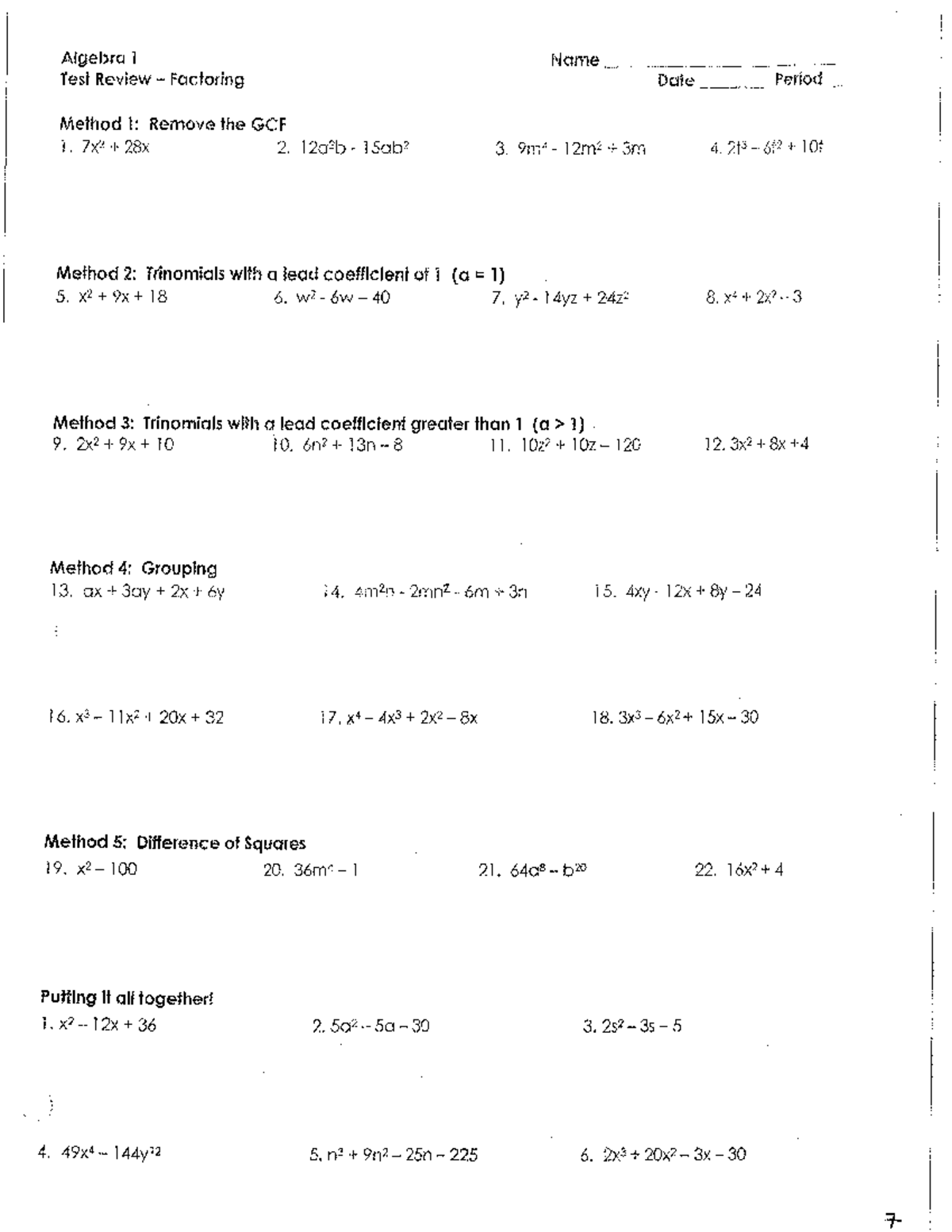 Algebra 1 Test Review: Factoring Practice Questions - Studocu