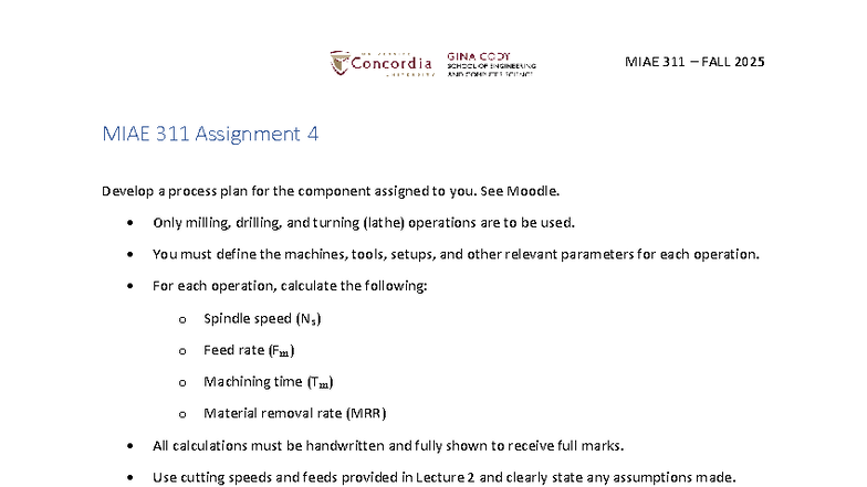 MIAE 311 FALL 2025 Assignment 4: Process Plan Development - Studocu