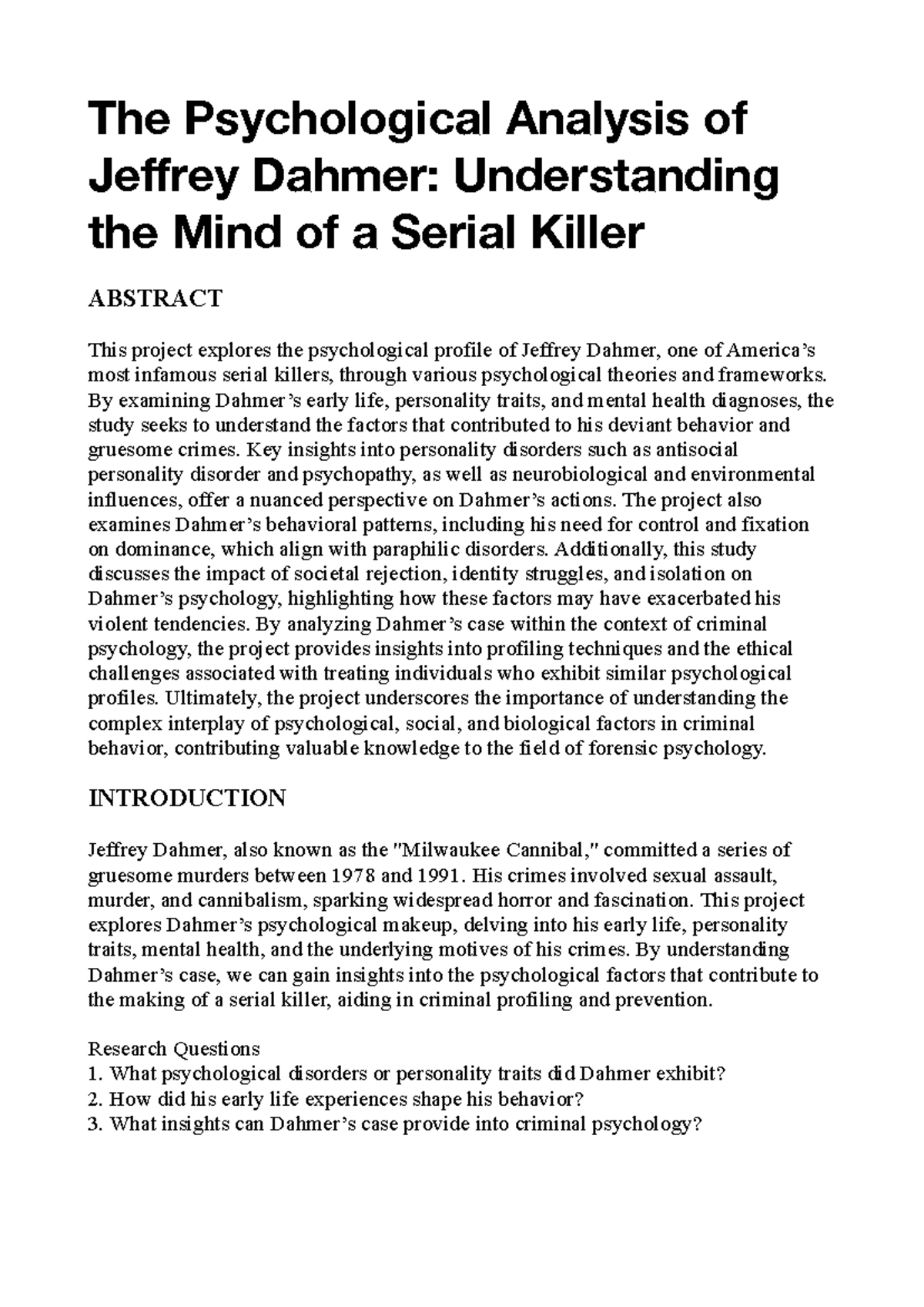 Psychological Analysis of Jeffrey Dahmer: A Forensic Study (PSY 101 ...