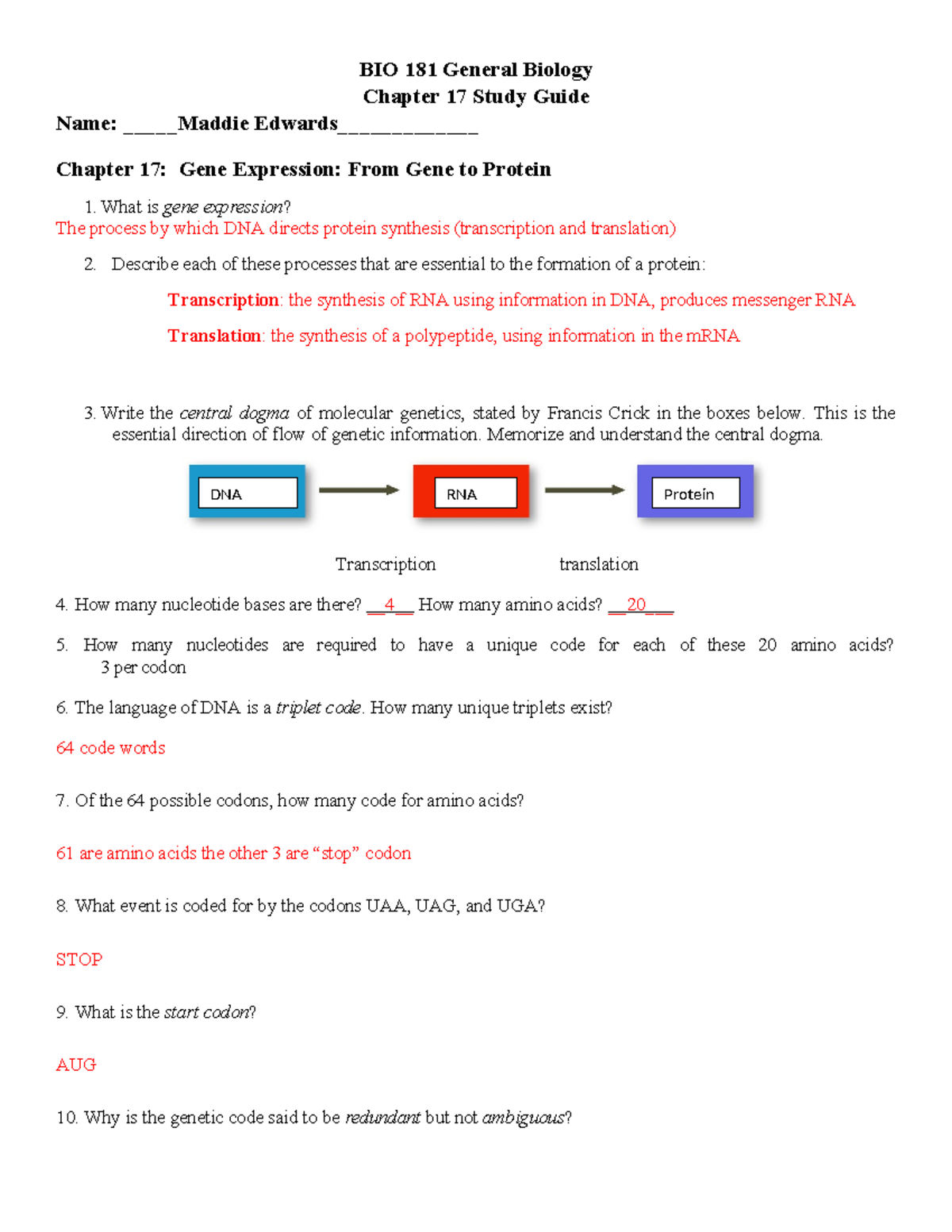 BIO 181 General Biology Chapter 17 Study Guide: Gene Expression ...