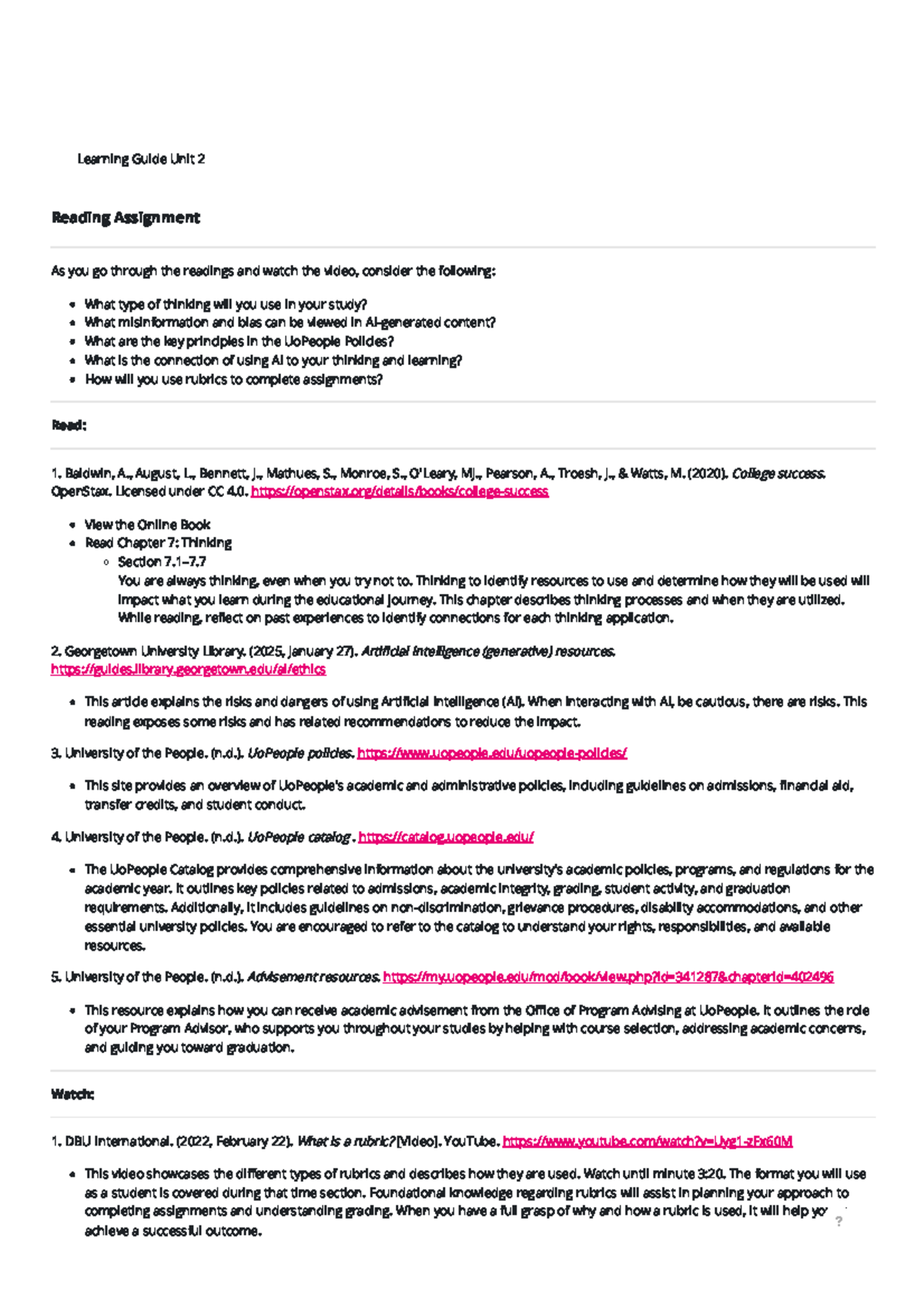 UoPeople Learning Guide: Unit 2 Reading Assignment Insights - Studocu