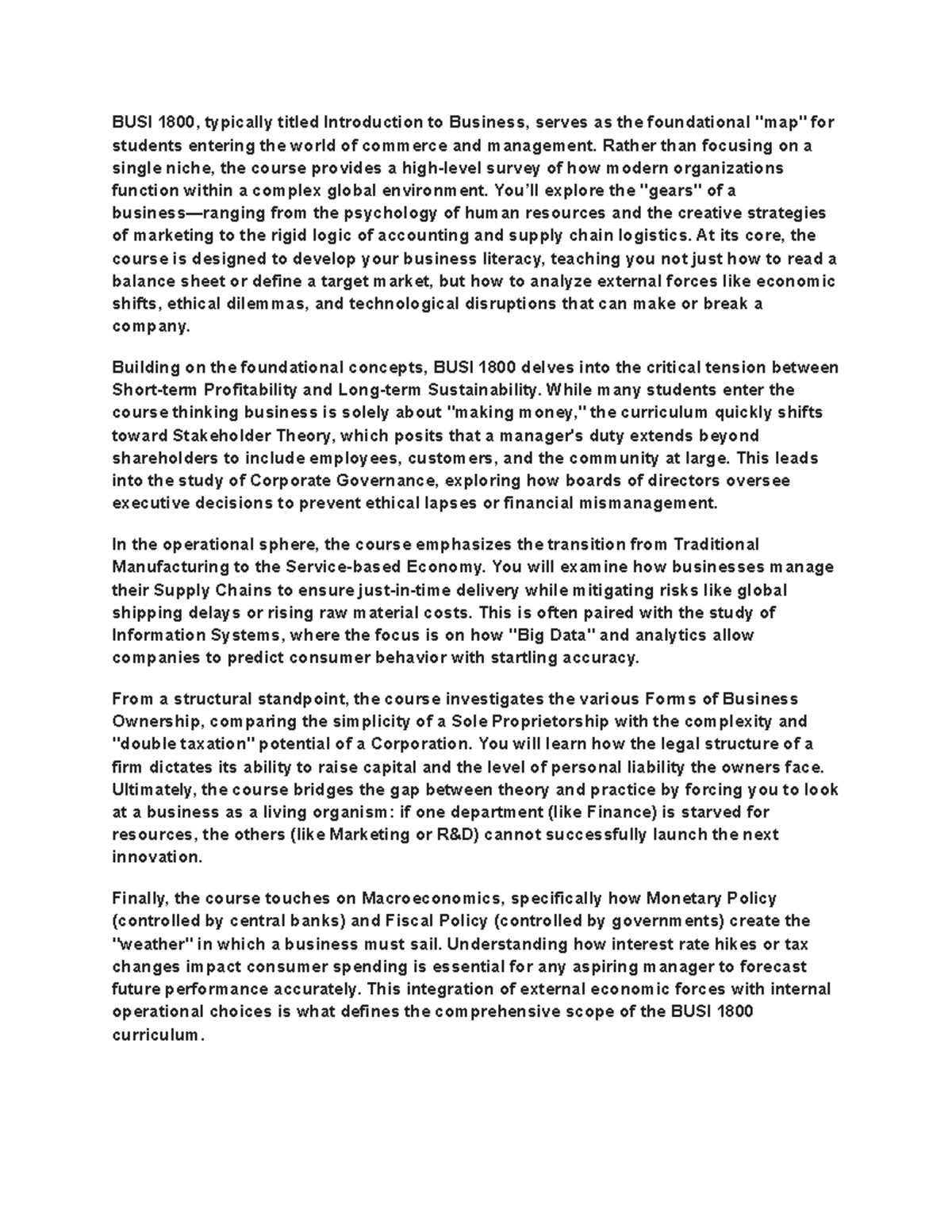 BUSI 1800 Final Exam Study Guide: Introduction to Business Concepts ...