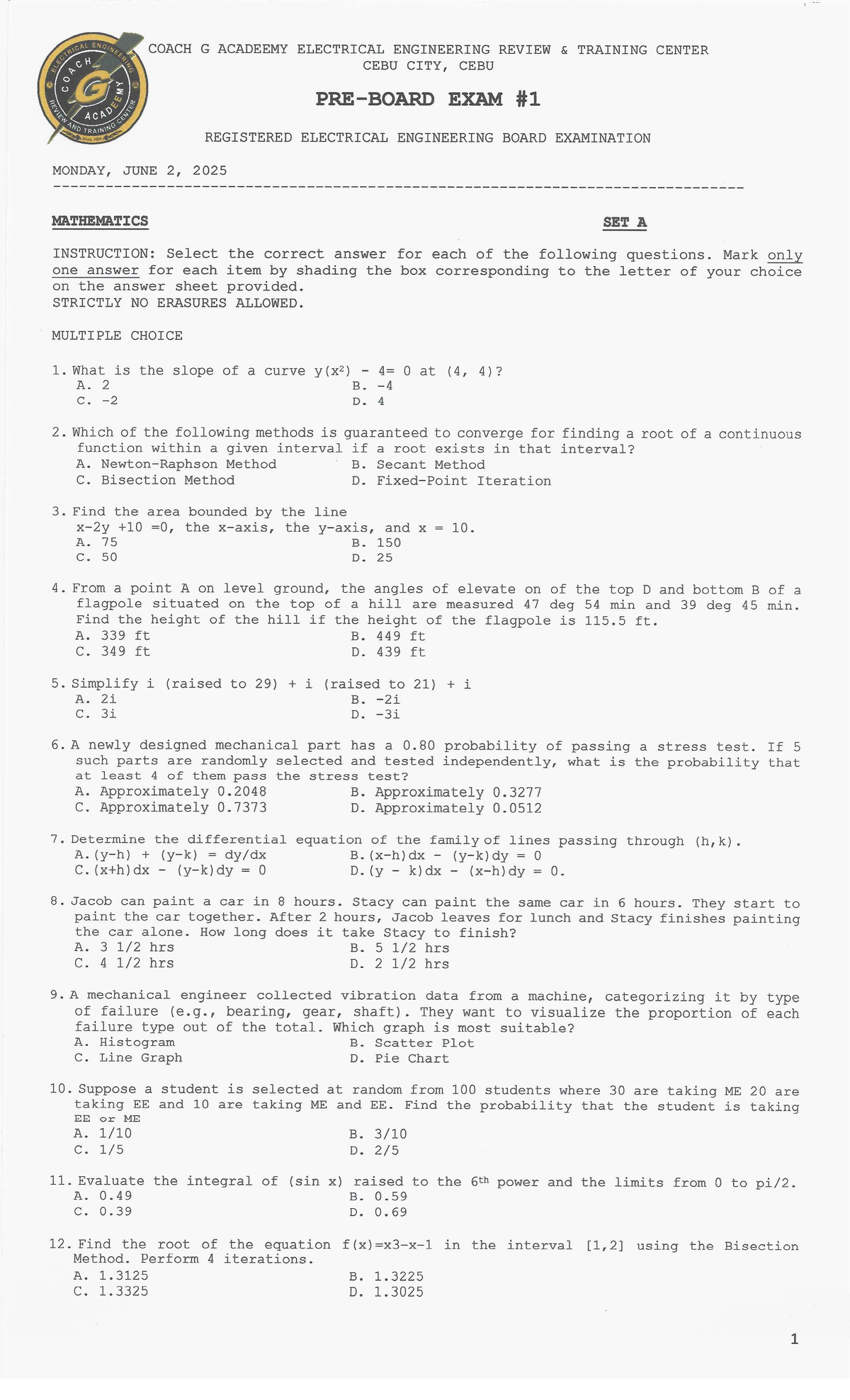 MATH PRE-BOARD REVIEW: REGISTERED ELECTRICAL ENGINEERING EXAM 2025 ...