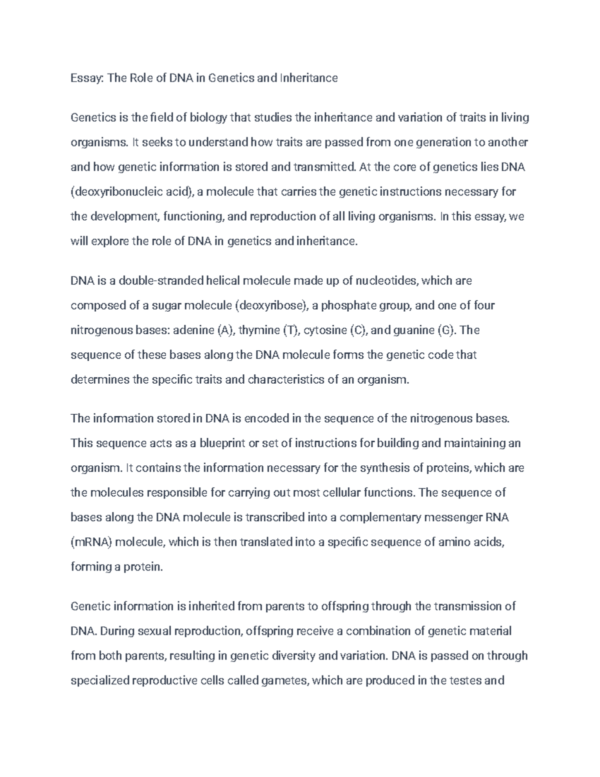 Essay The Role of DNA in Genetics and Inheritance - It seeks to ...