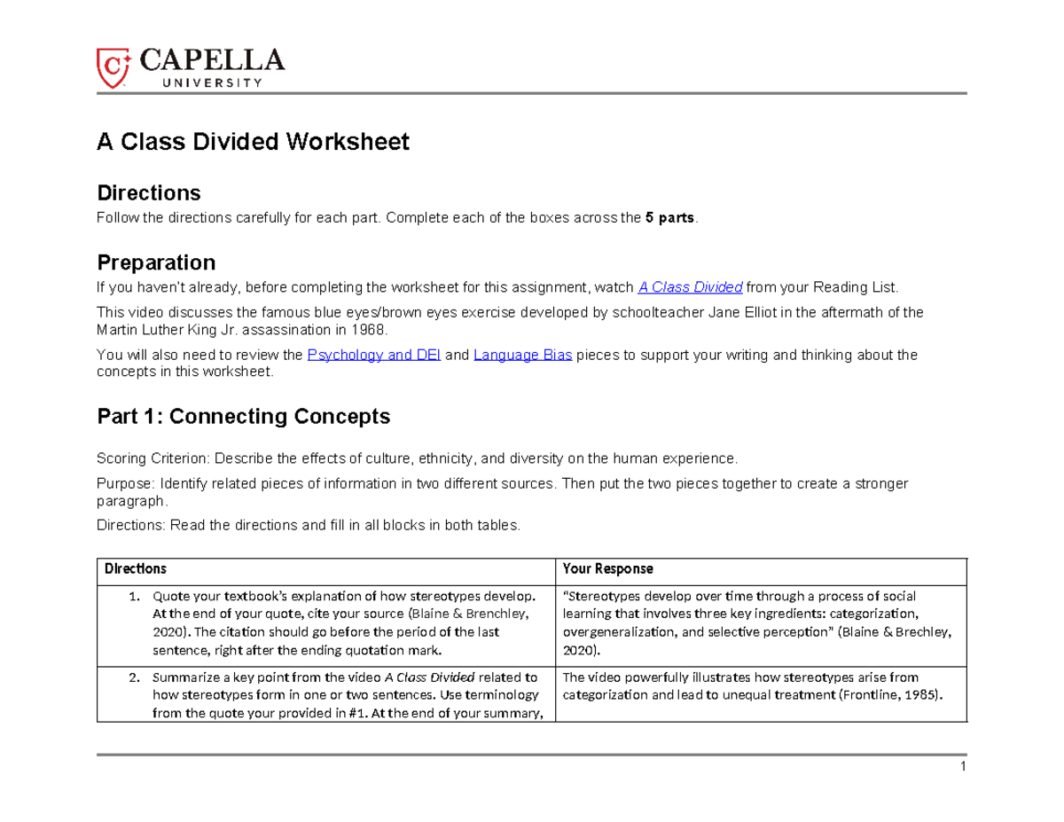 Cf a class divided worksheet 3. - A Class Divided Worksheet Directions ...