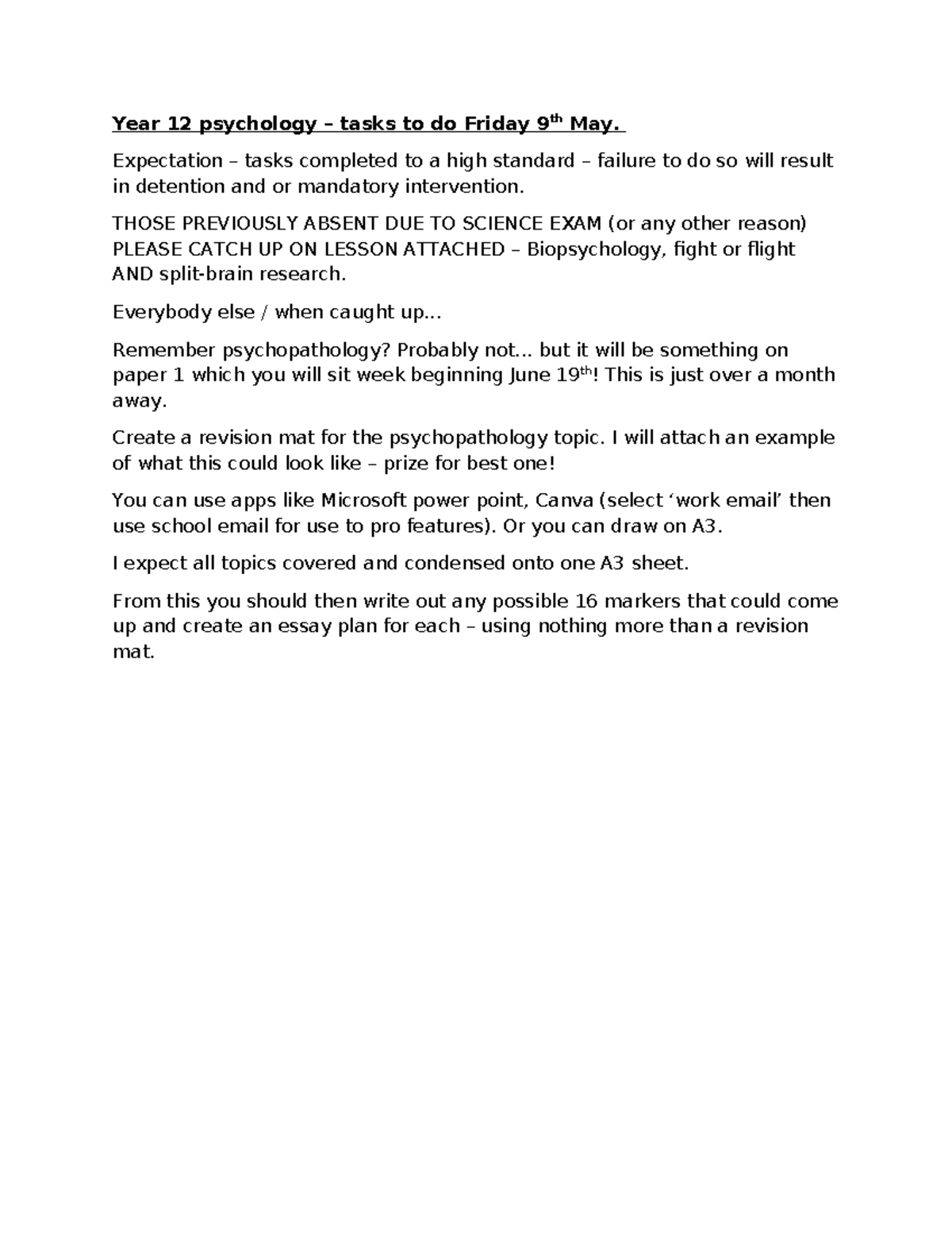 Year 12 Psychology Tasks: Revision for Psychopathology & Exam Prep ...