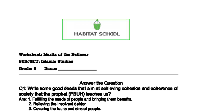 Worksheet: Merits of the Believer - Islamic Studies Grade 8 - Studocu