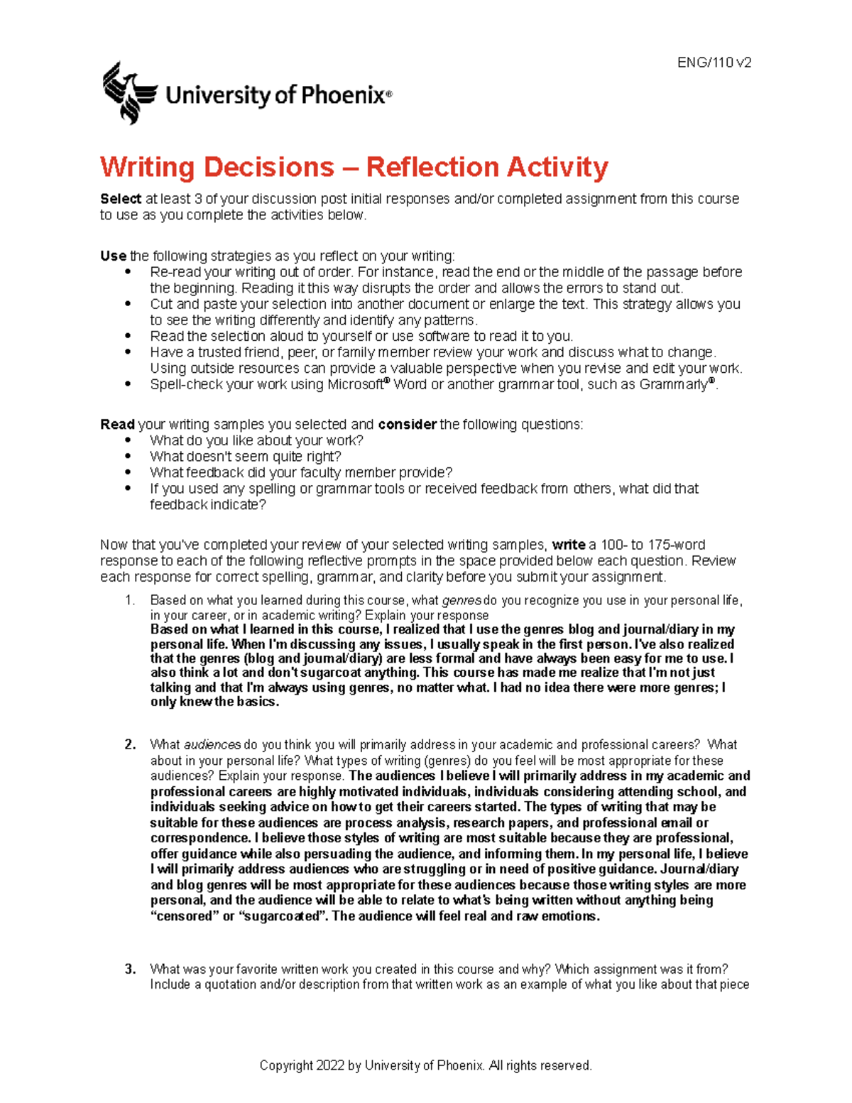 ENG/110 V Week 5 Reflection on Writing Decisions Activity - Studocu