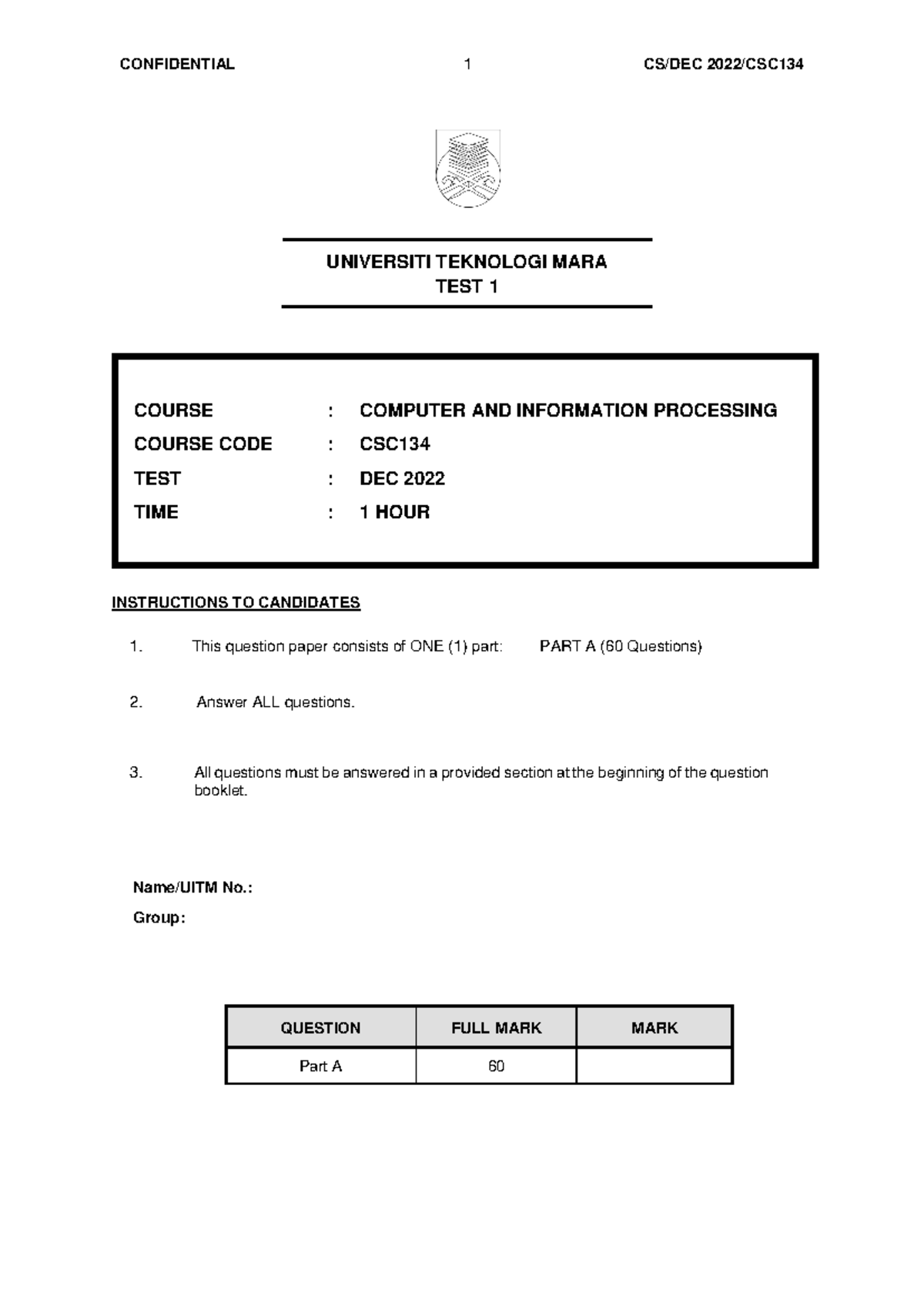 TEST 1 - CSC134 - Past Year Questions & Answers Compilation - Studocu