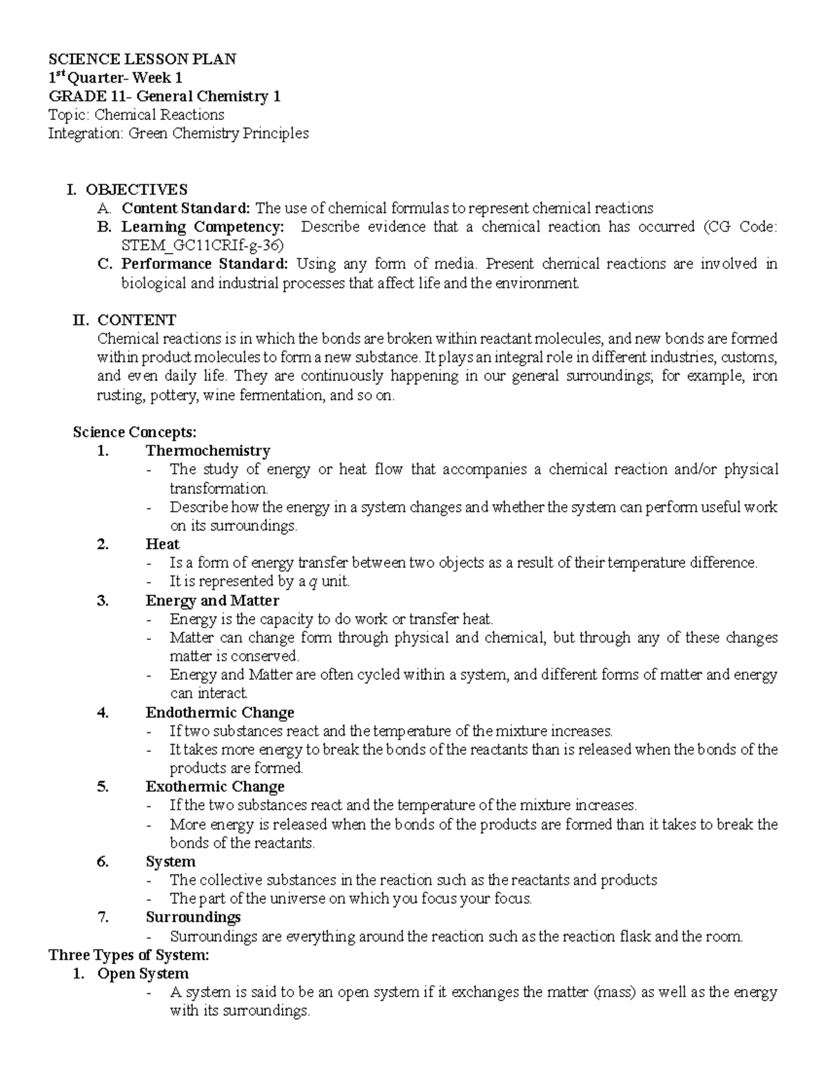 Grade 11 General Chemistry 1 Lesson Plan: Chemical Reactions & Green ...