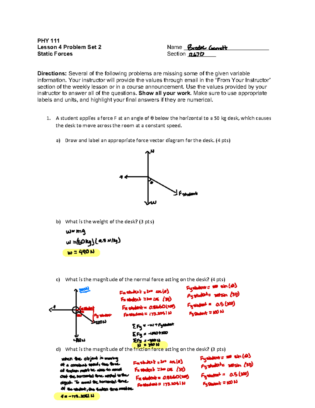 PHY111 Lesson 4 Problem Set - Your instructor will provide the values ...
