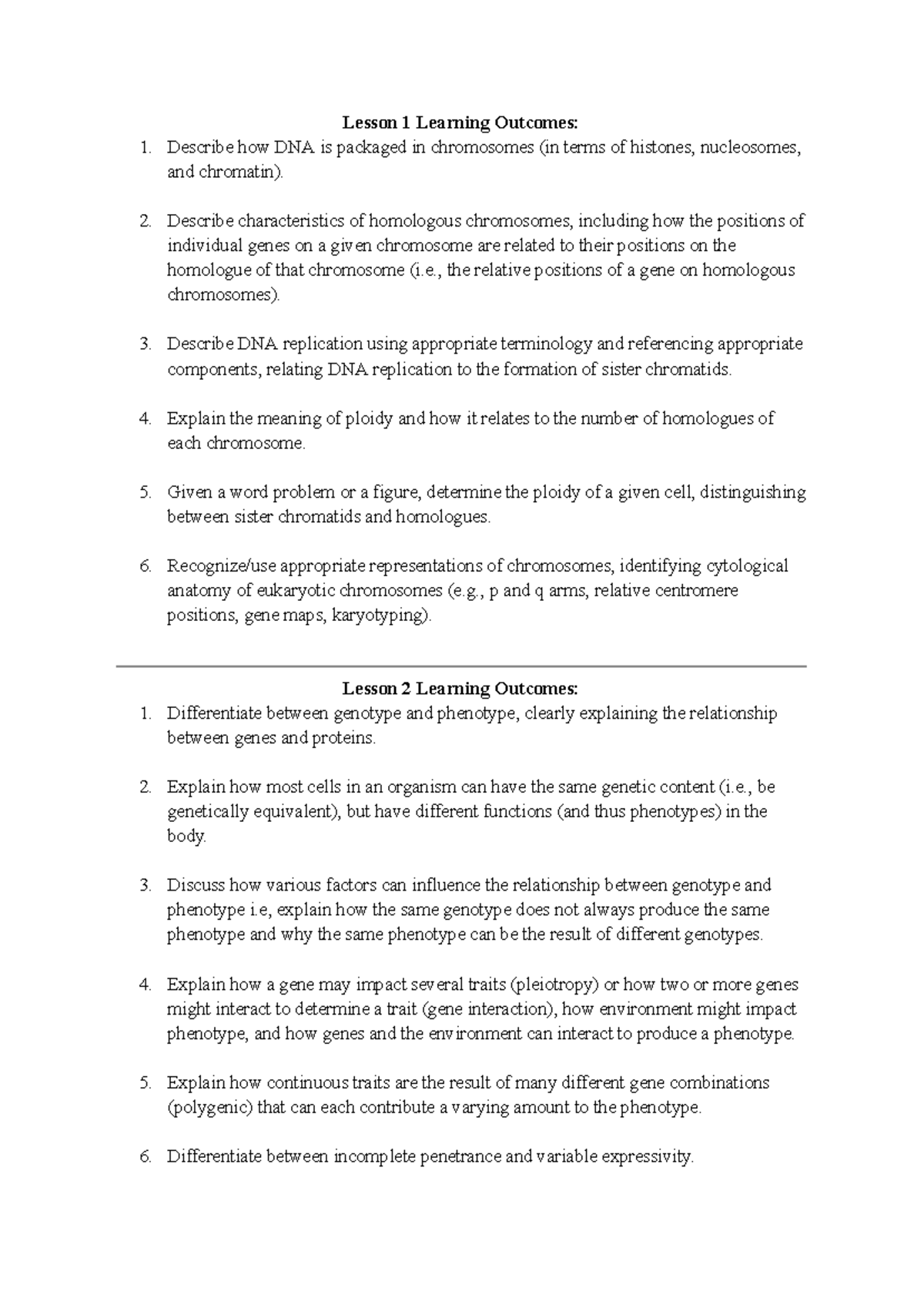 BIOL 2040 Lesson 1 & 2 Learning Outcomes on DNA & Genetics - Studocu