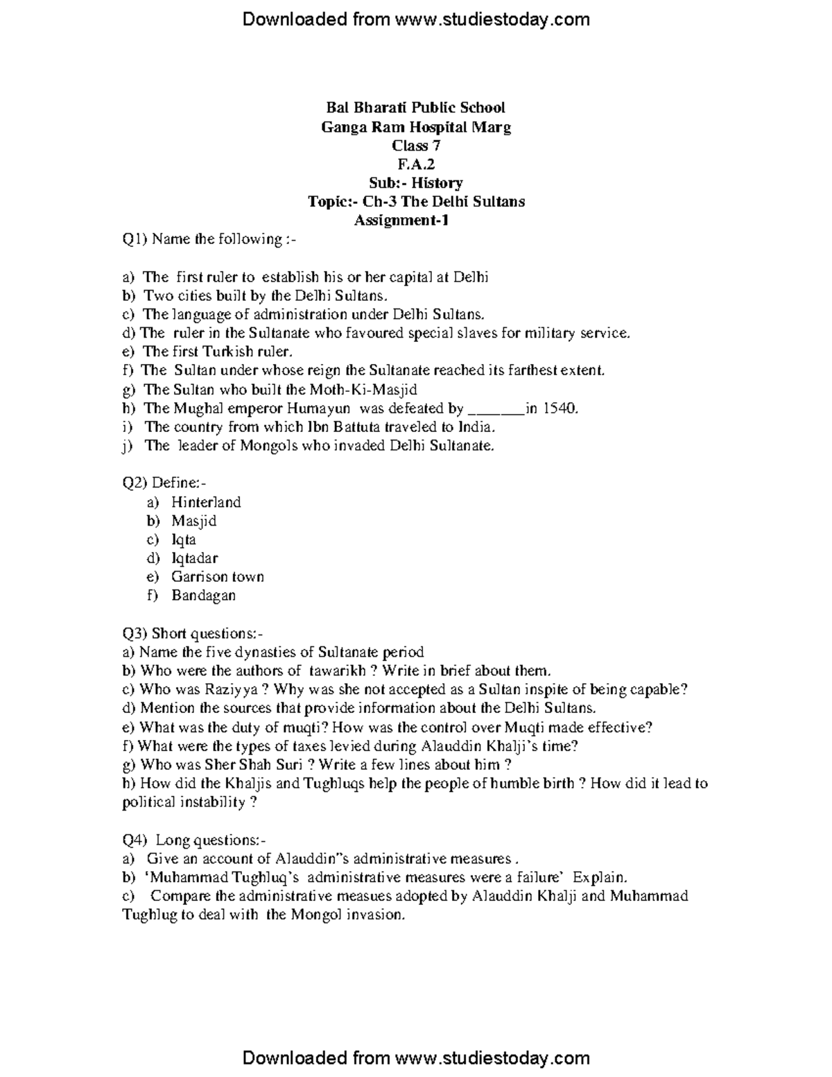 CBSE Class 7 History F.A. Worksheet on The Delhi Sultans - Studocu