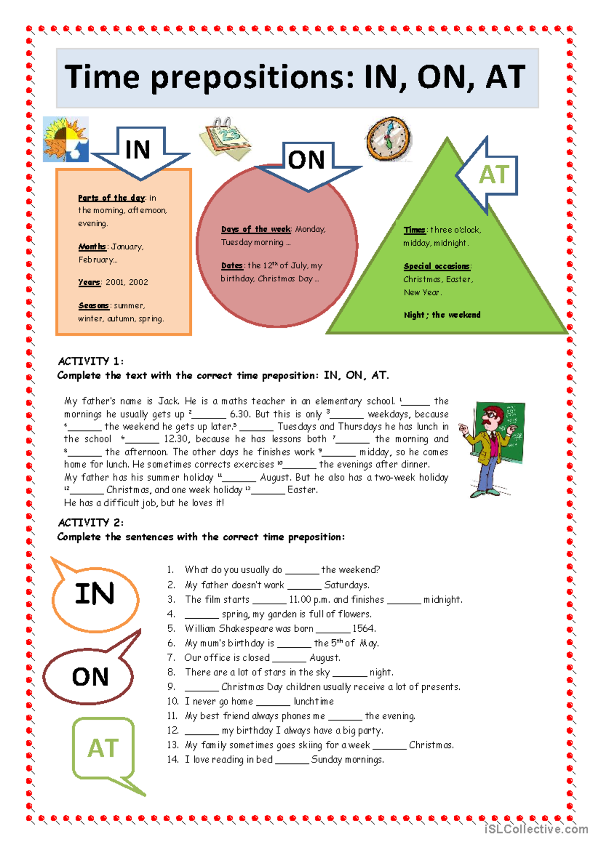 Time Prepositions: IN, ON, AT - Usage Guide and Activities - Studocu