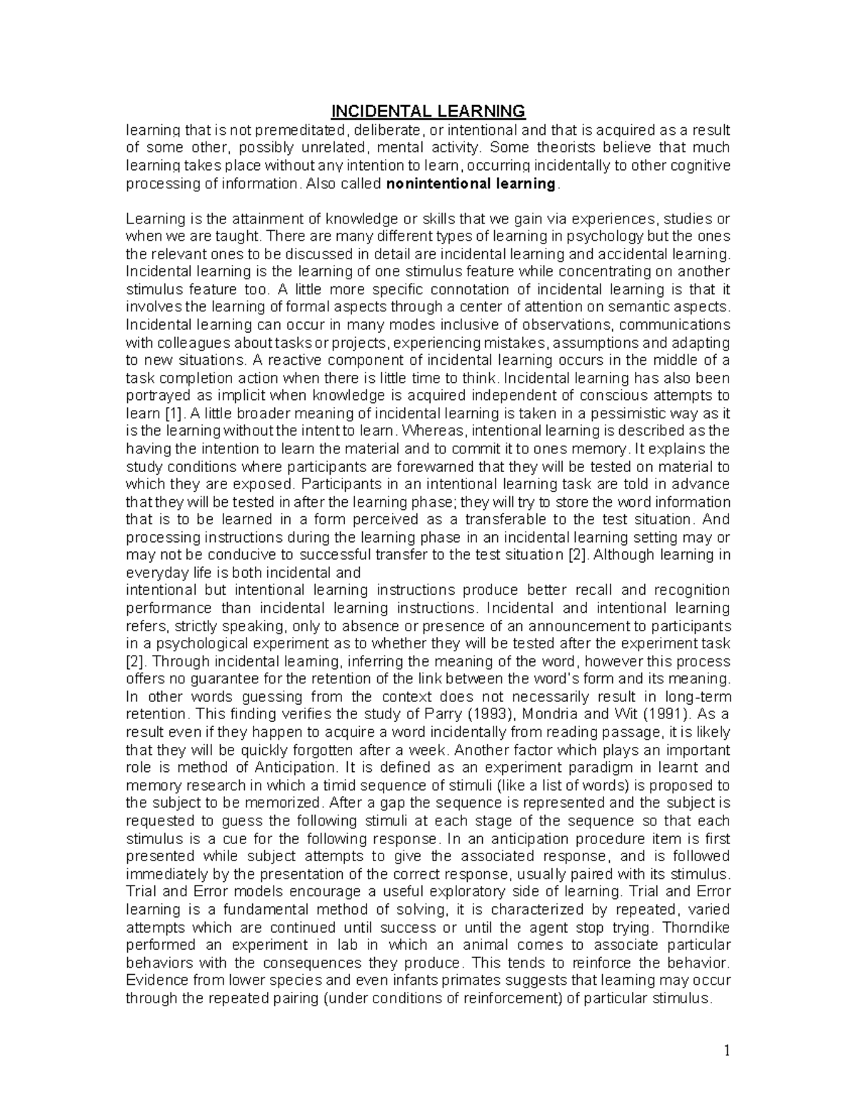 Cognition and Incidental Learning: Exploring Nonintentional Knowledge ...