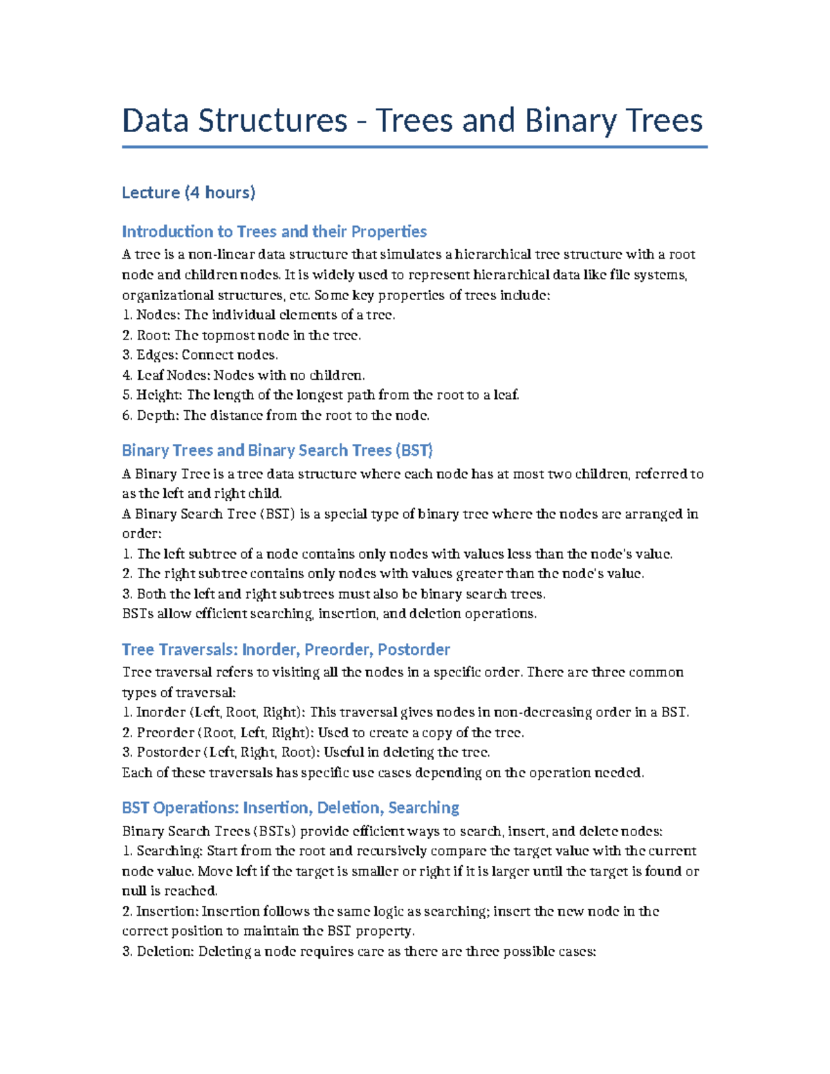 Data Structures: Trees & Binary Trees Lecture & Lab (10 hrs) - Studocu