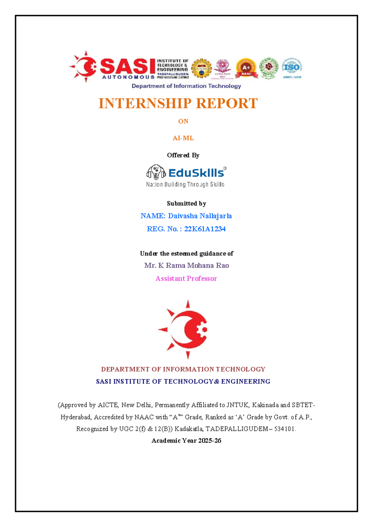 Internship Report on Machine Learning - B.Tech IT (22K61A1234) - Studocu