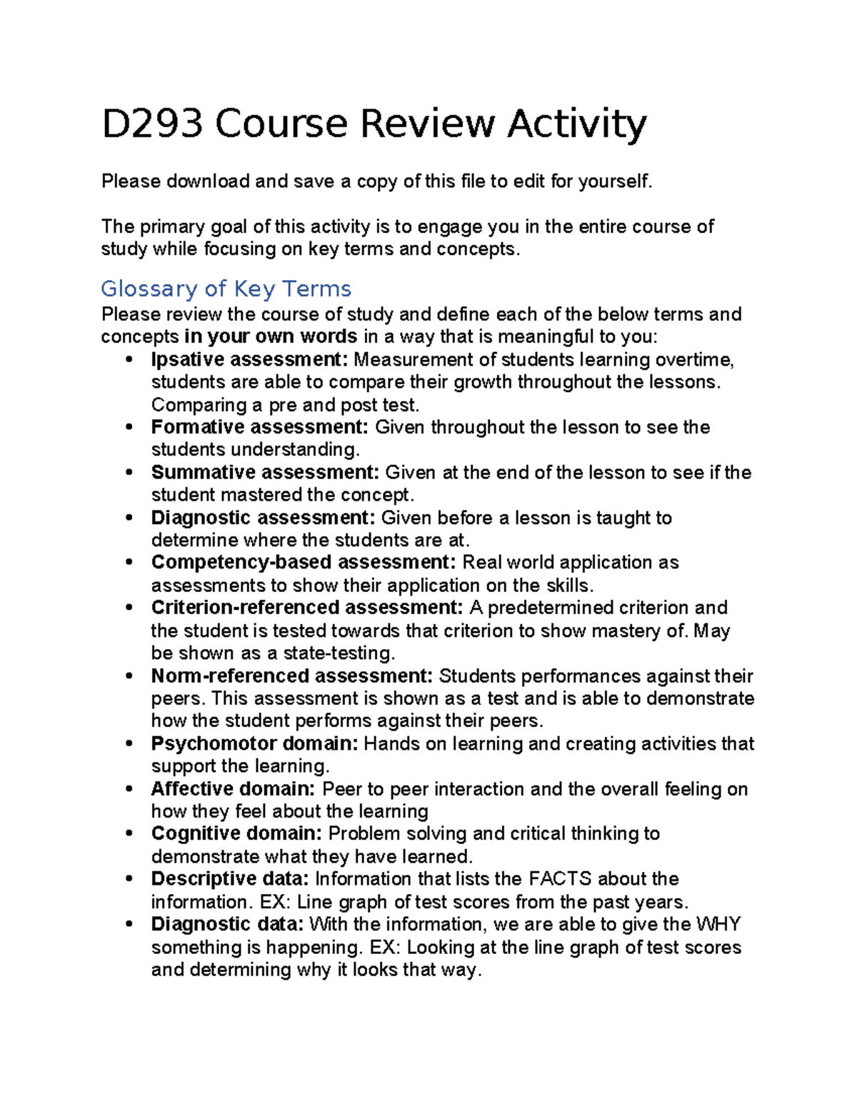 D293 Course Review Activity - D293 Course Review Activity Please ...