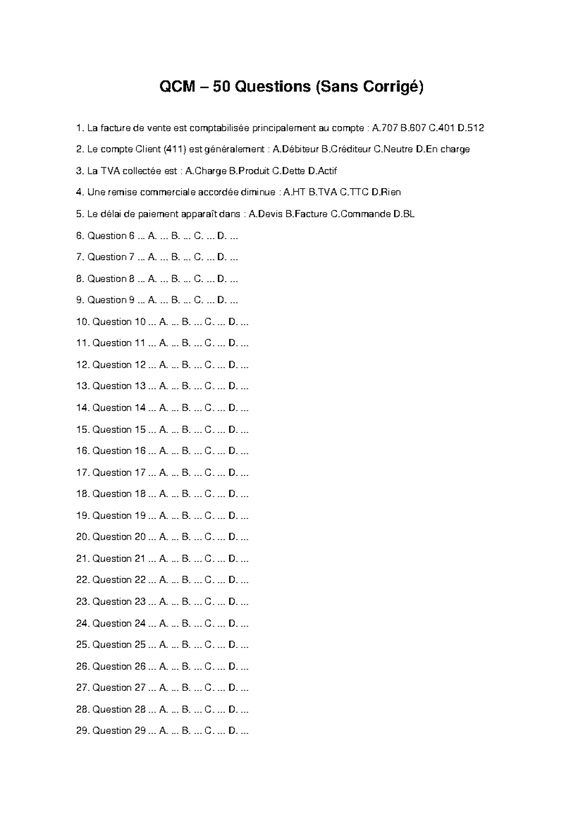 QCM 50 Questions (Sans Corrigé) - Examen de Comptabilité - Studocu