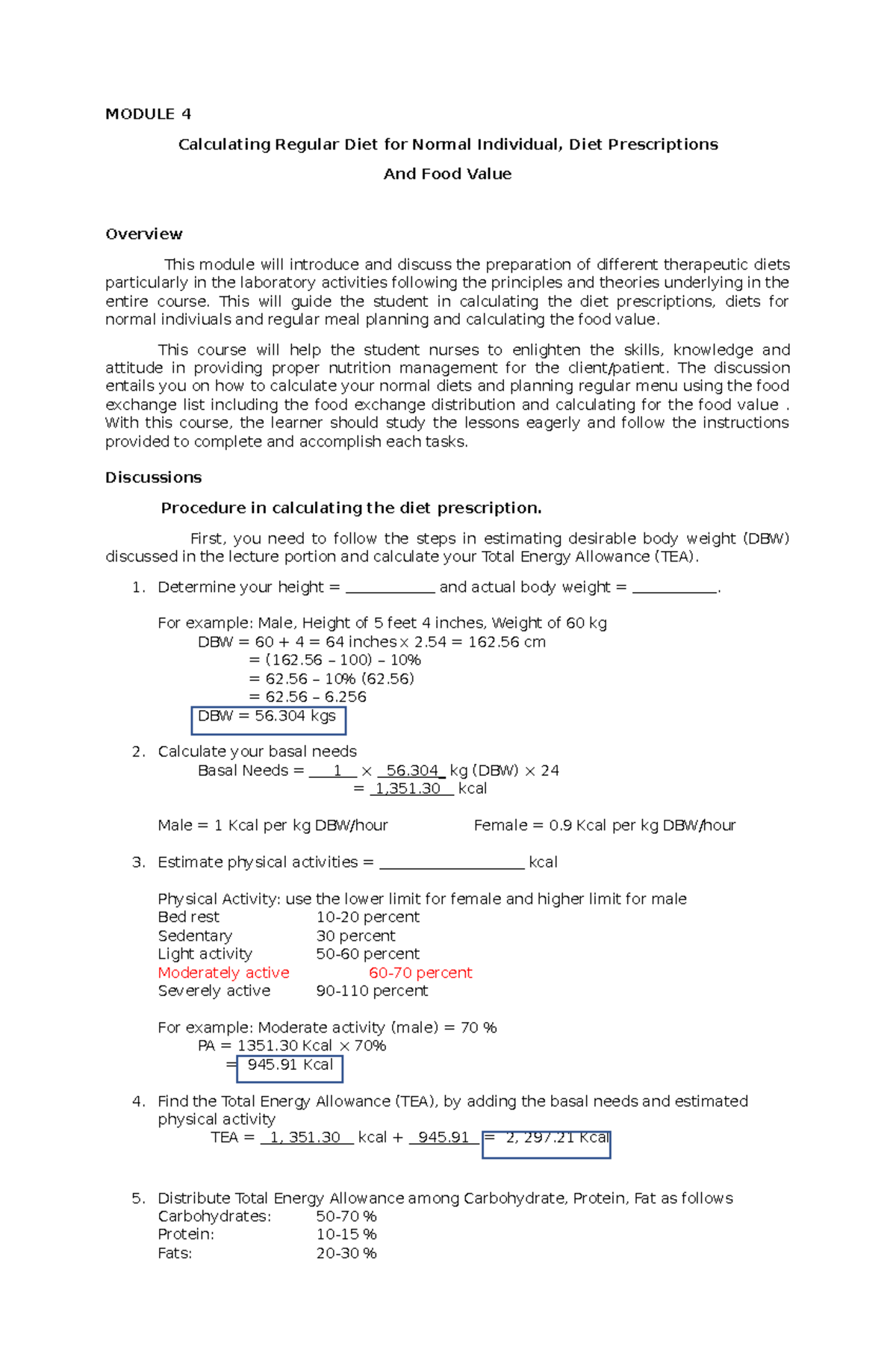 Nutrition LAB Module 4 Prelim - MODULE 4 Calculating Regular Diet for ...