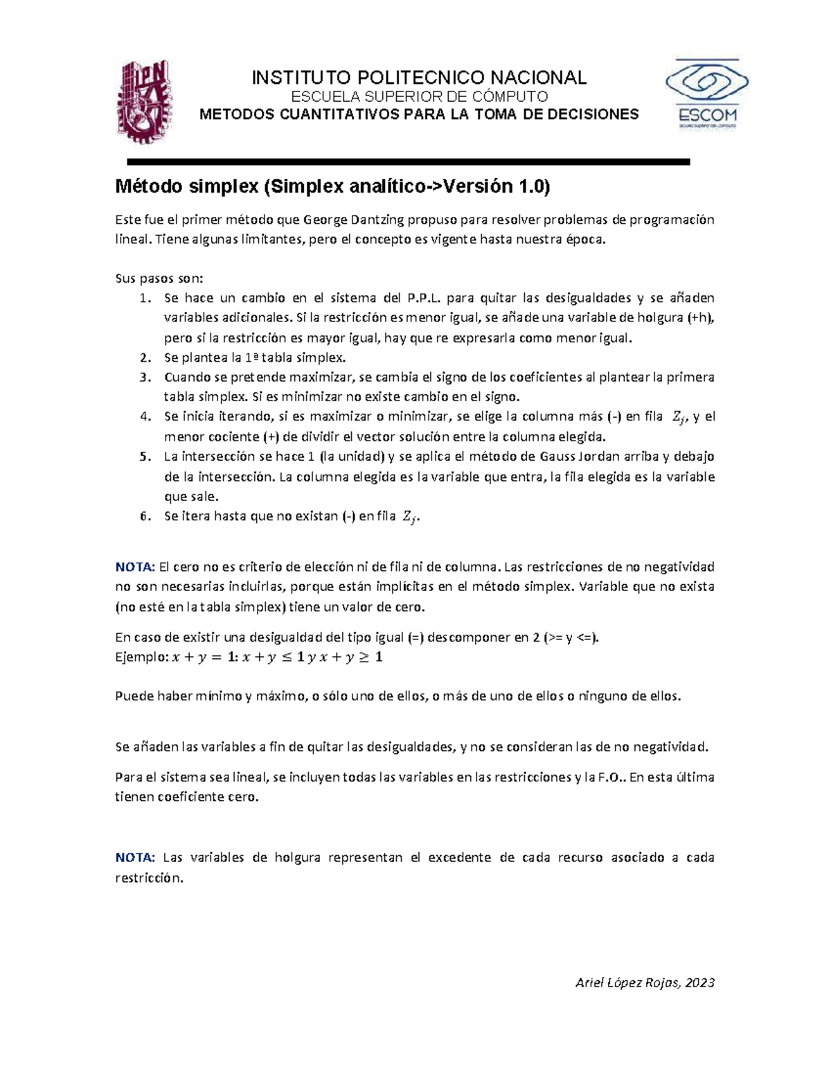 Método simplex v1.0 - 2023 - INSTITUTO POLITECNICO NACIONAL ESCUELA SUPERIOR DE CÓMPUTO METODOS ...