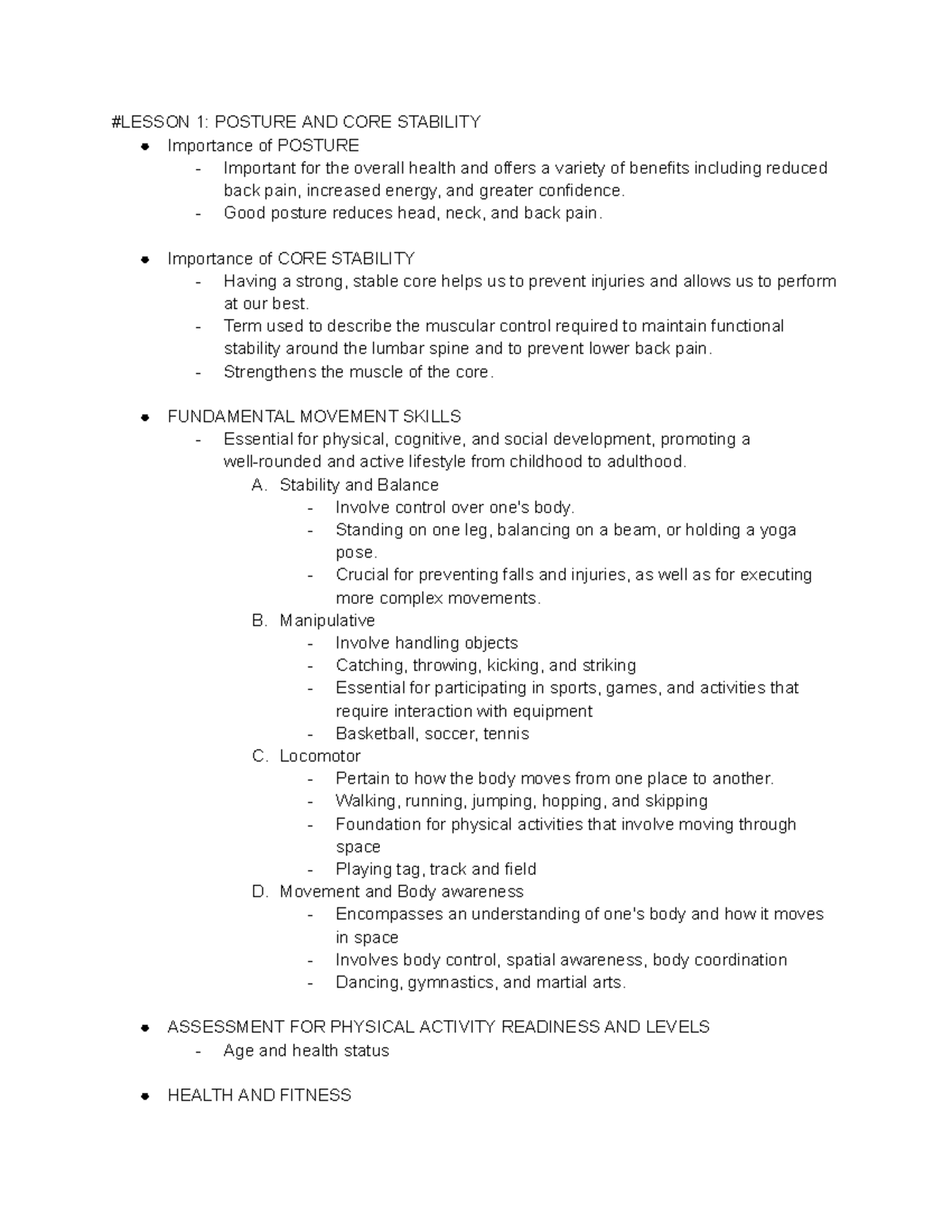 Pathfit 1: Lesson on Posture, Core Stability & Mobility Training - Studocu