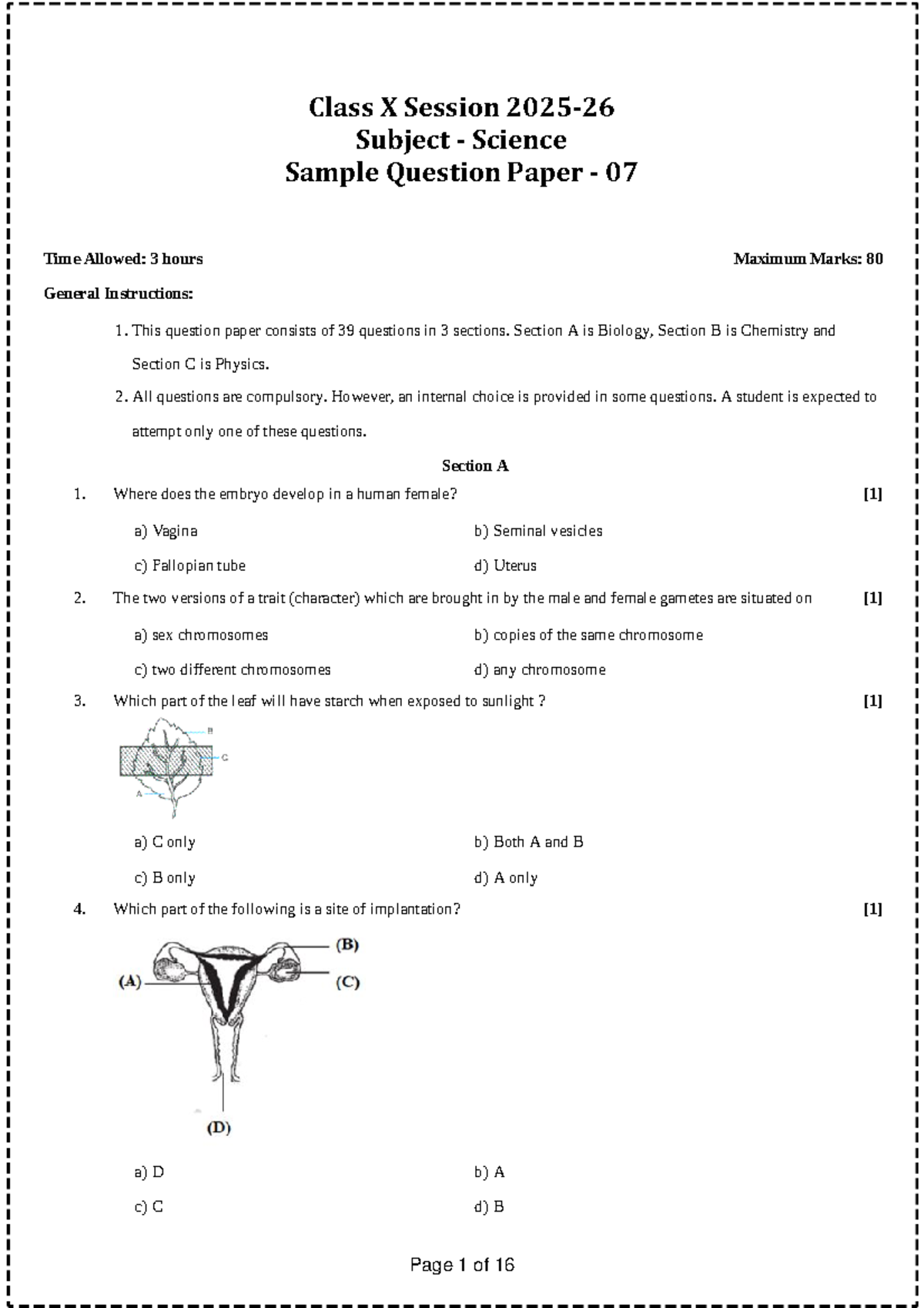 Sample Question Paper for Class X Science - Paper 07 - Studocu