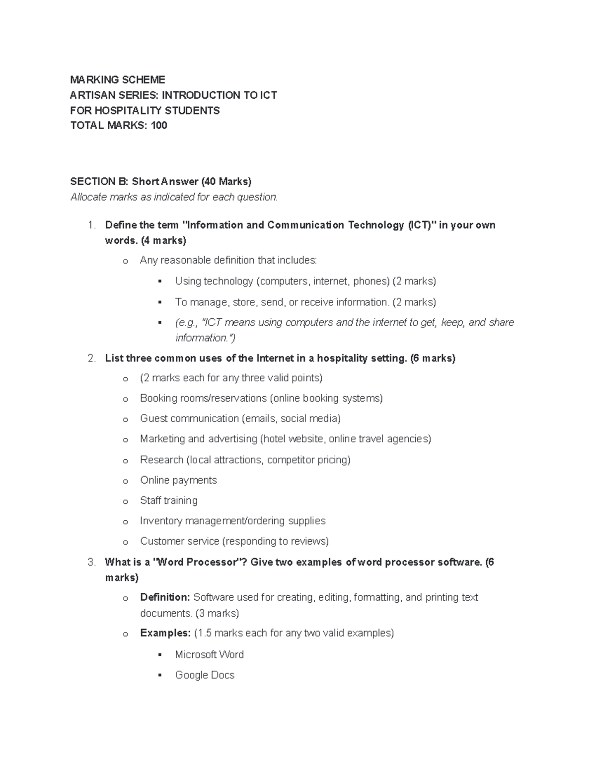 MARKING SCHEME: INTRODUCTION TO ICT FOR HOSPITALITY STUDENTS - Studocu