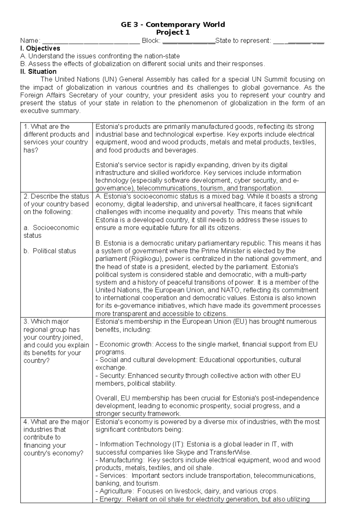 Project 1 GE3 - GE 3 - Contemporary World Project 1 Name: __________________________ Block ...