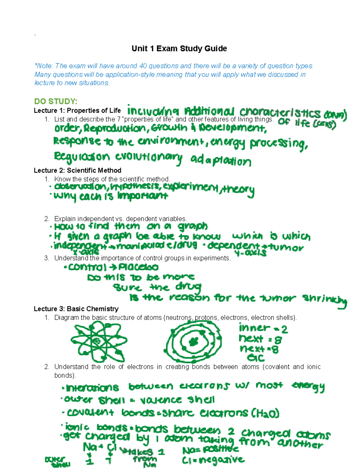 BIOL 103 Unit 1 Exam Study Guide: Key Concepts & Topics - Studocu